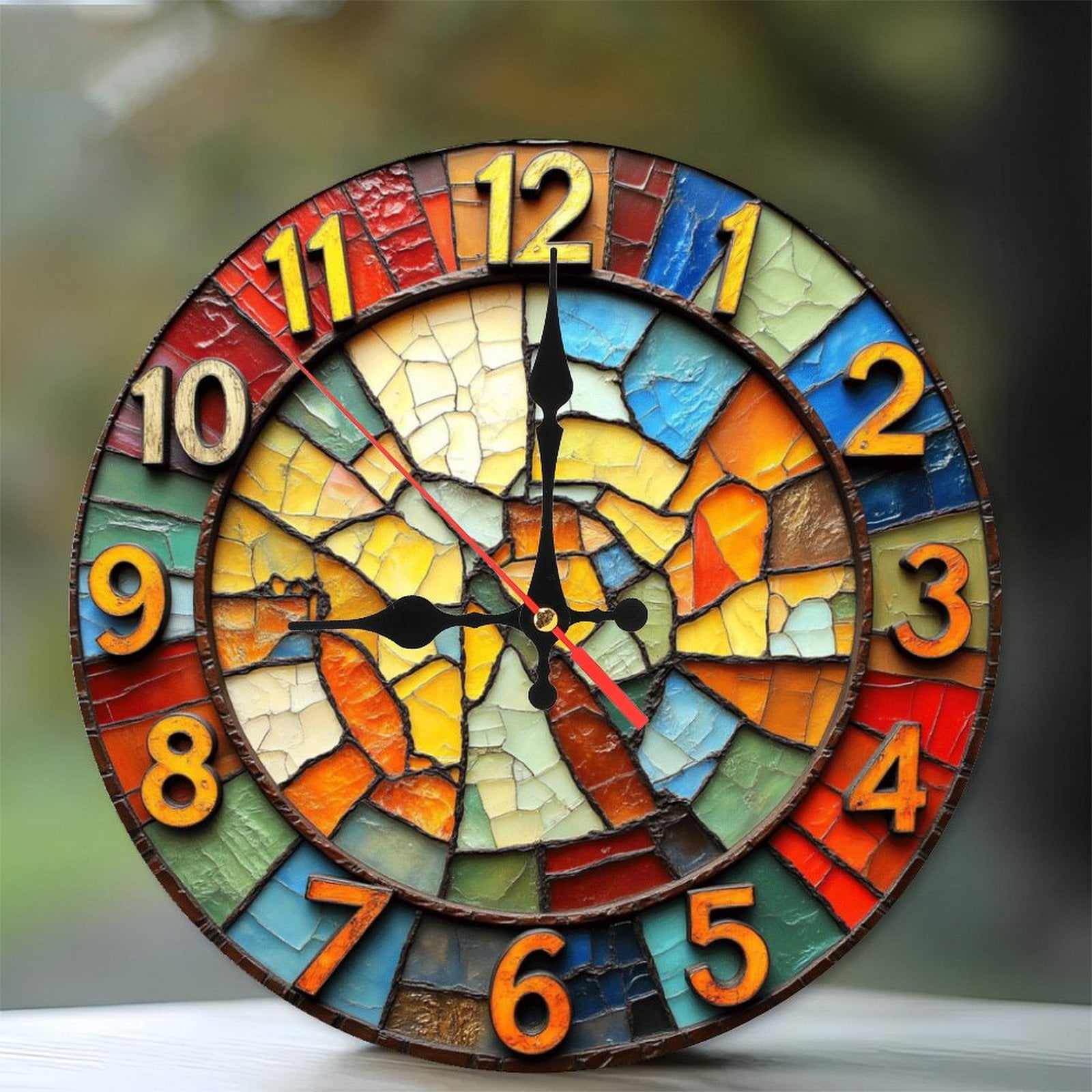 Stained Glass Wall Clock Colorful Modern Design 10-Inch Silent Wooden ...