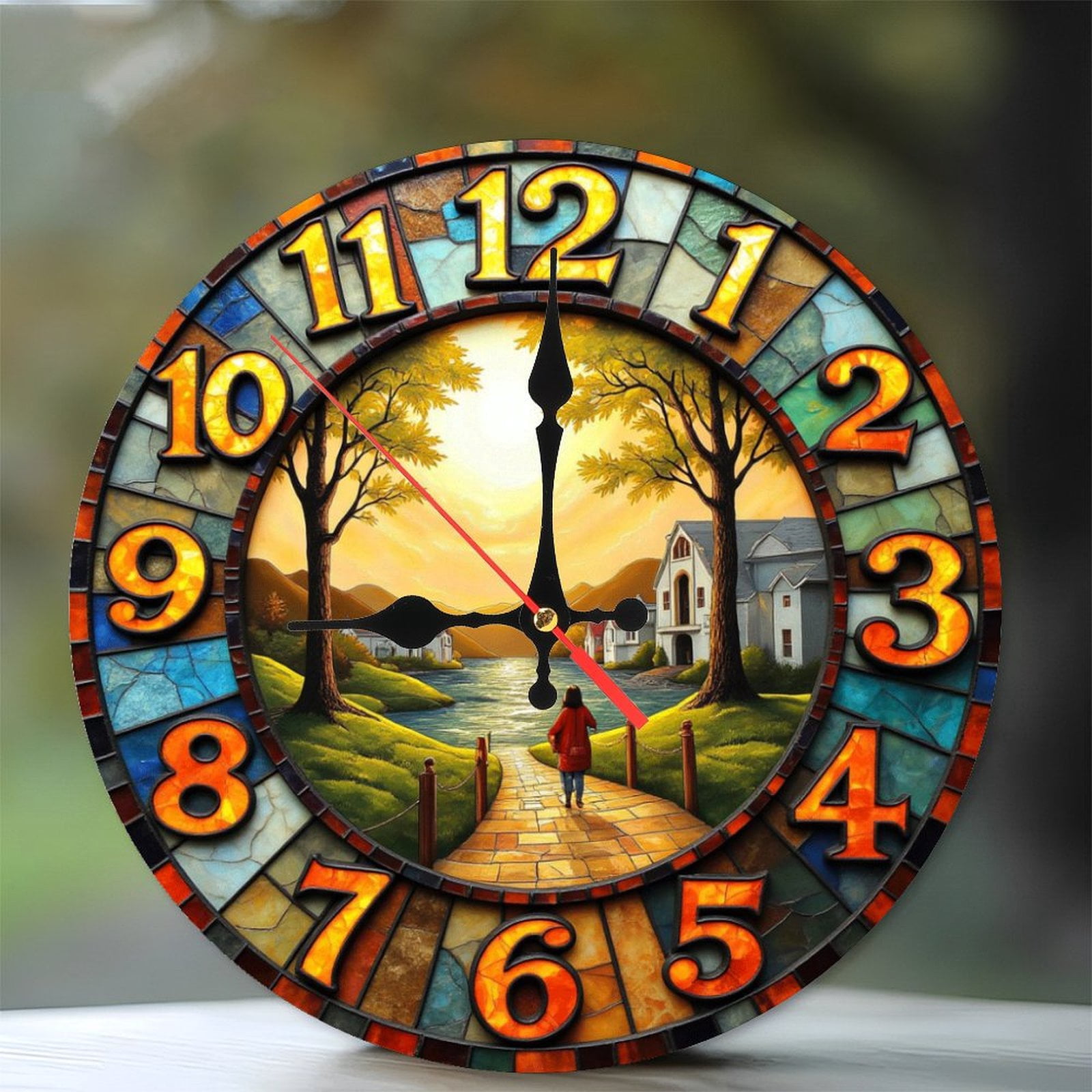 Stained Glass Wall Clock with Scenic Landscape Design 10-Inch Silent ...