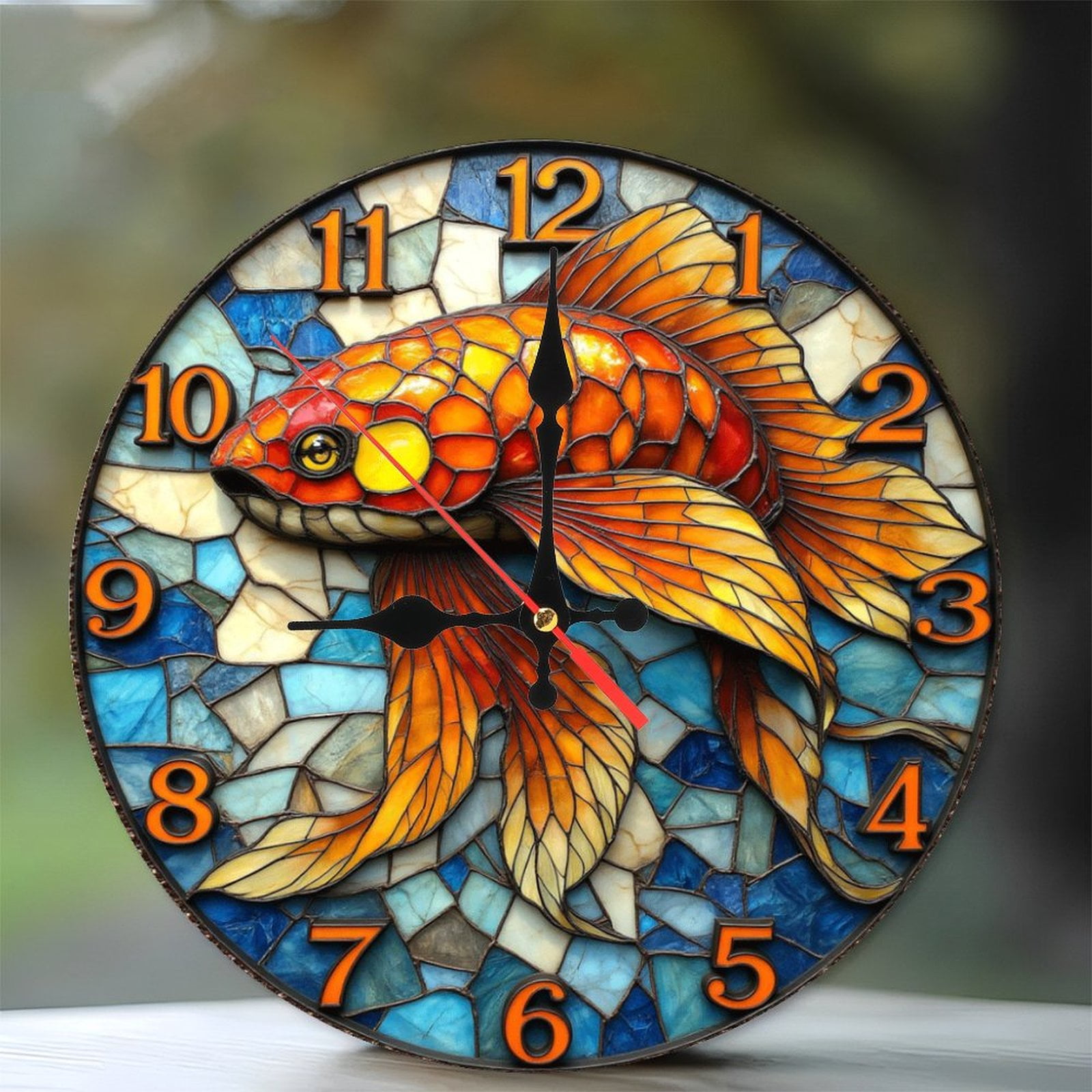 Stained Glass Wall Clock with Goldfish Design 10-Inch Silent Wooden ...