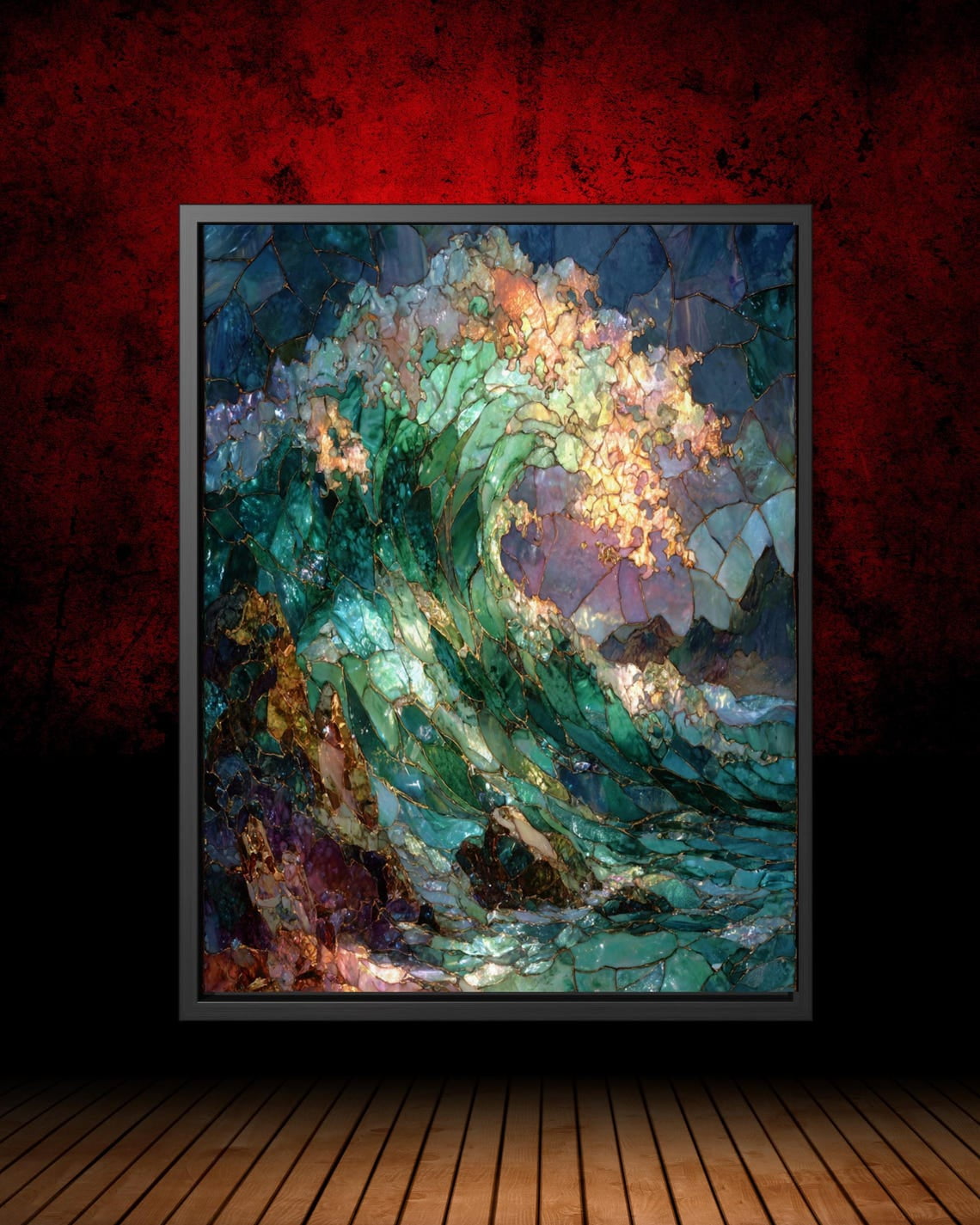 Stained Glass Wave Art Poster: Iridescent Mosaic Ocean, Unframed Poster ...