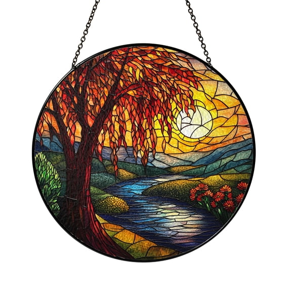 Stained Glass Weeping Willow Tree Suncatcher Window Hanging River Scene ...