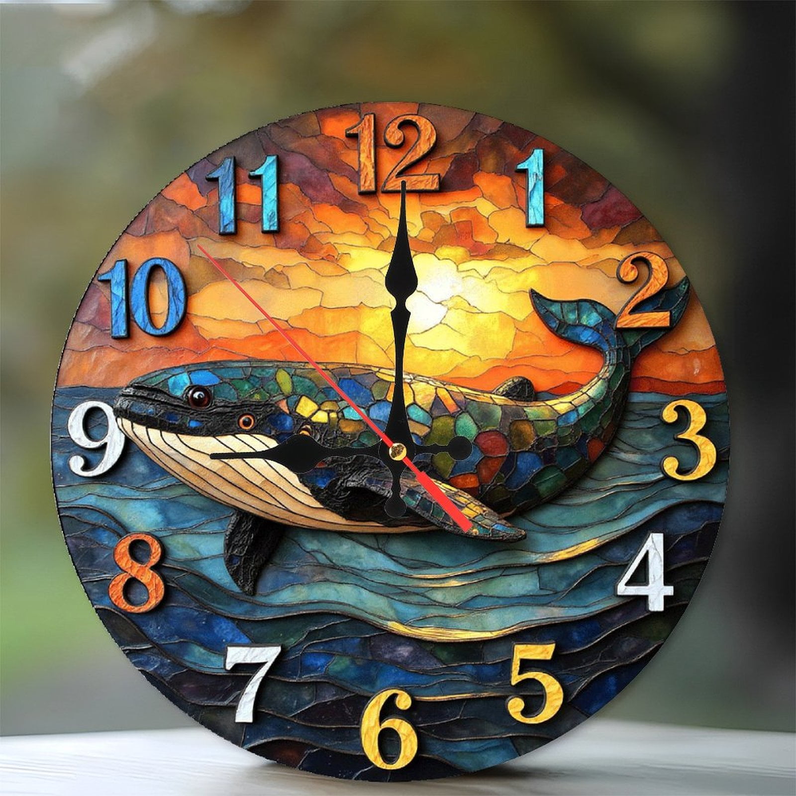 Stained Glass Whale Wall Clock Unique Home Decor 10-Inch Silent Wooden ...