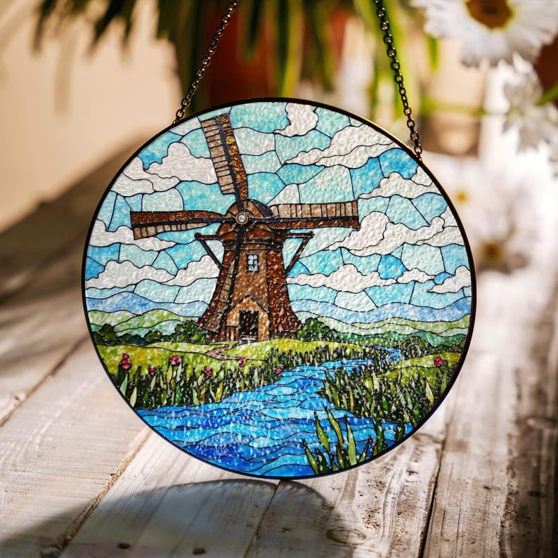 Stained Glass Windmill Suncatcher with River Landscape Beautiful ...