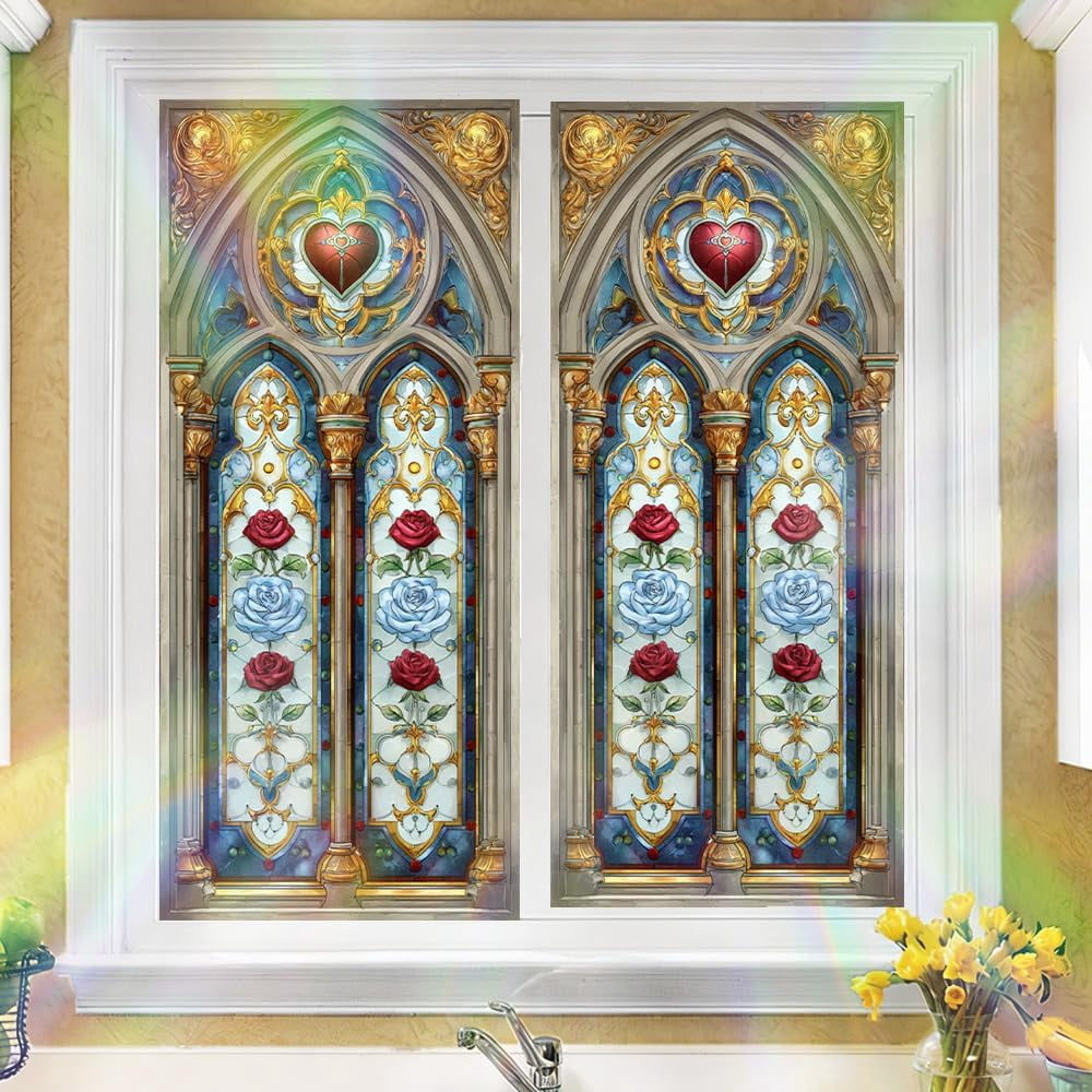 Stained Glass Window Film Cling, Art Nouveau Lotus Forest Scene ...