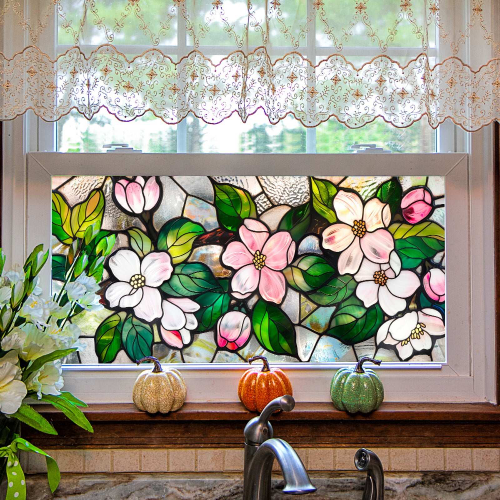 Stained Glass Window Film, Flower Static Cling Window Privacy Film ...