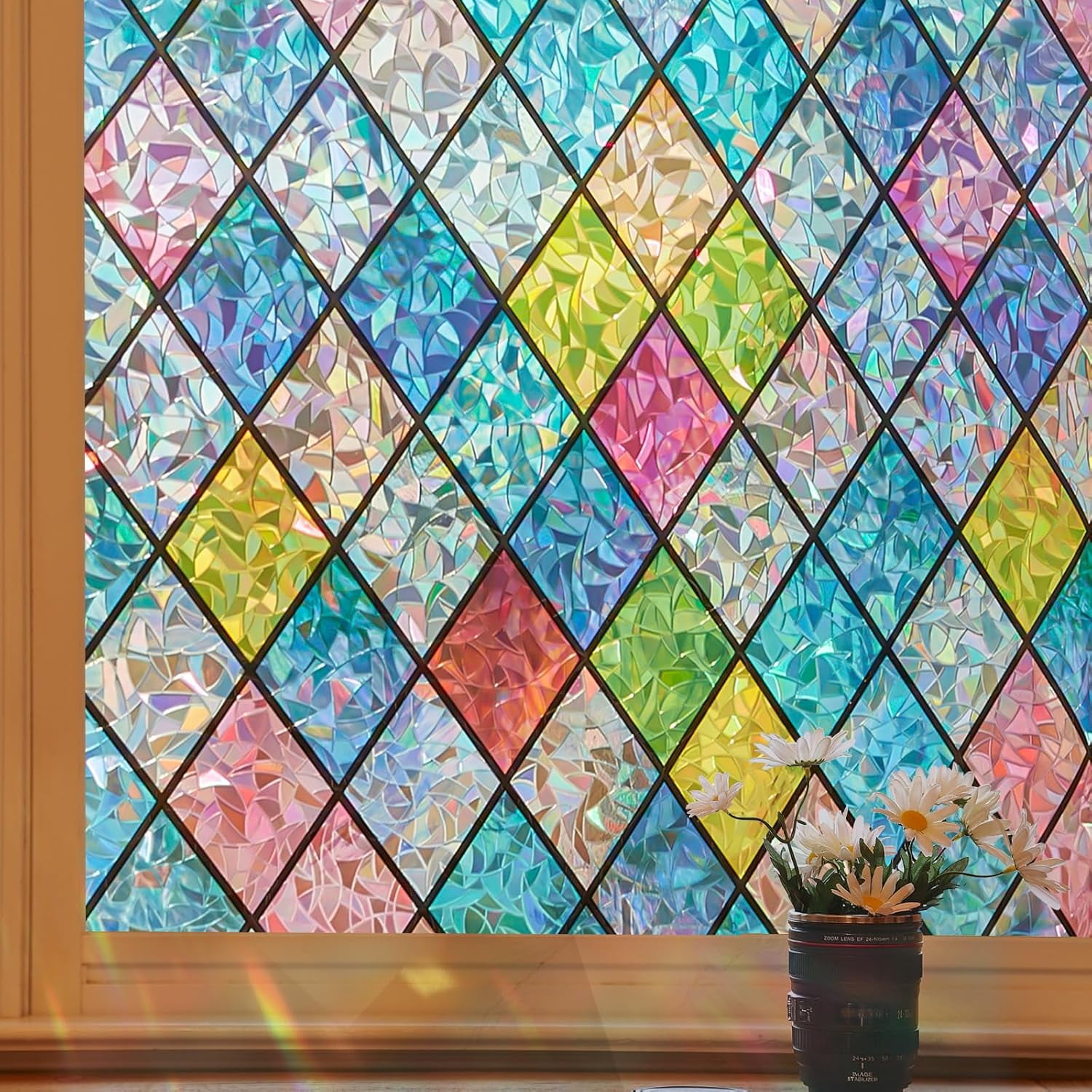 "Fancy-Fix Stained Glass Window Film, Rainbow Privacy Film, Heat ...