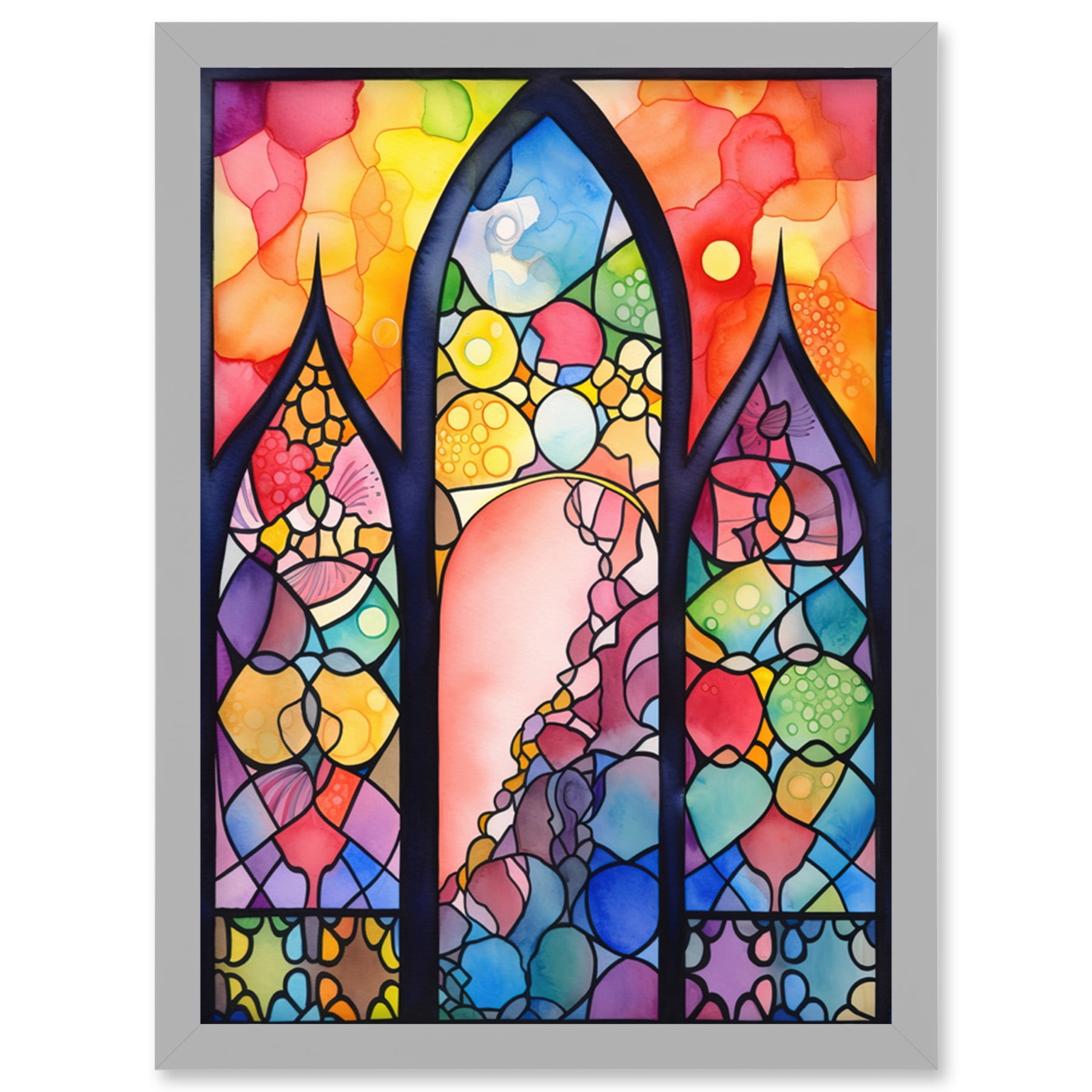 Stained Glass Window Folk Art Abstract Artwork Framed Wall Art Print A4 ...