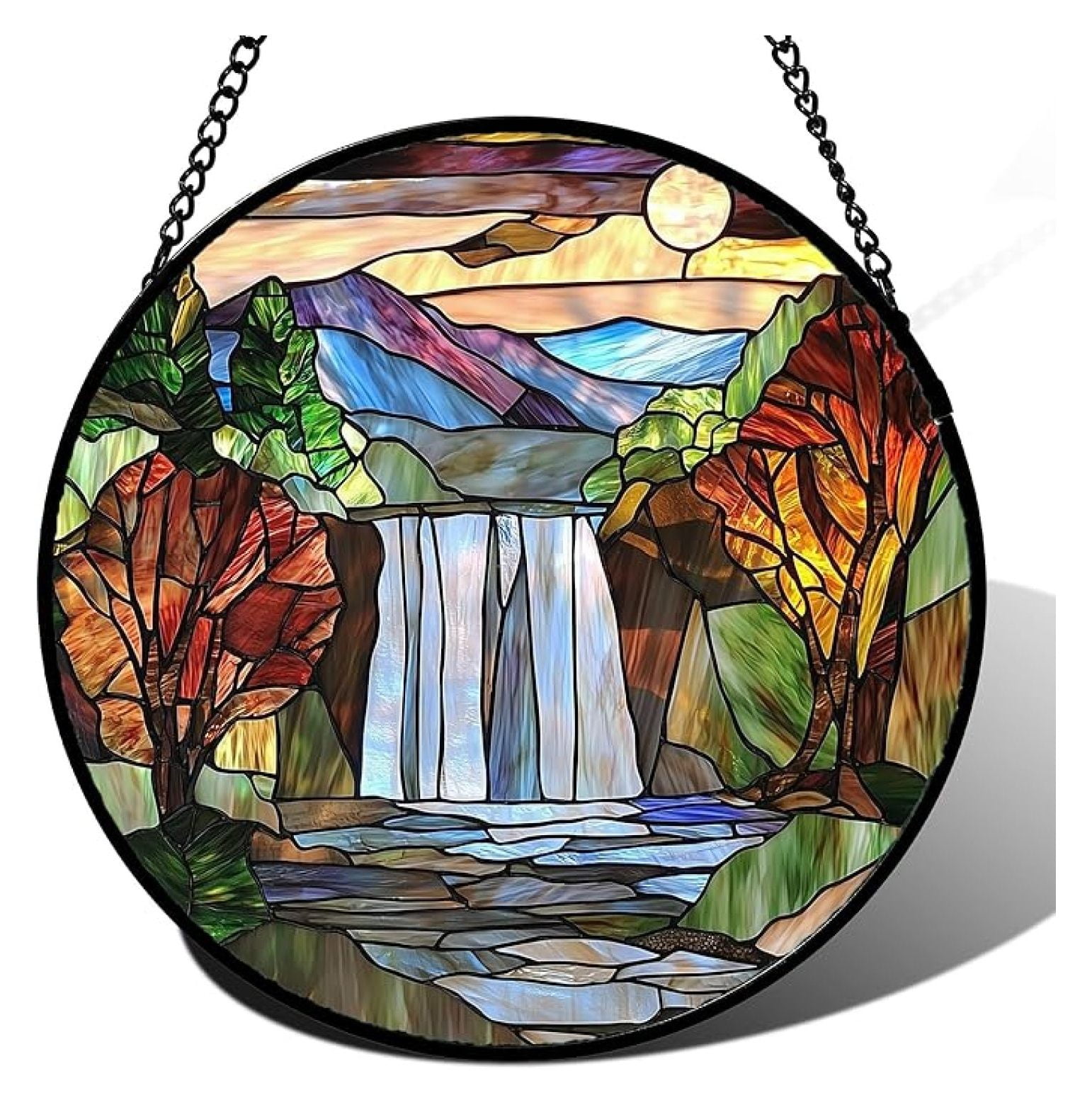 Stained Glass Window Hanging, Abstract Landscape Waterfall Trees ...