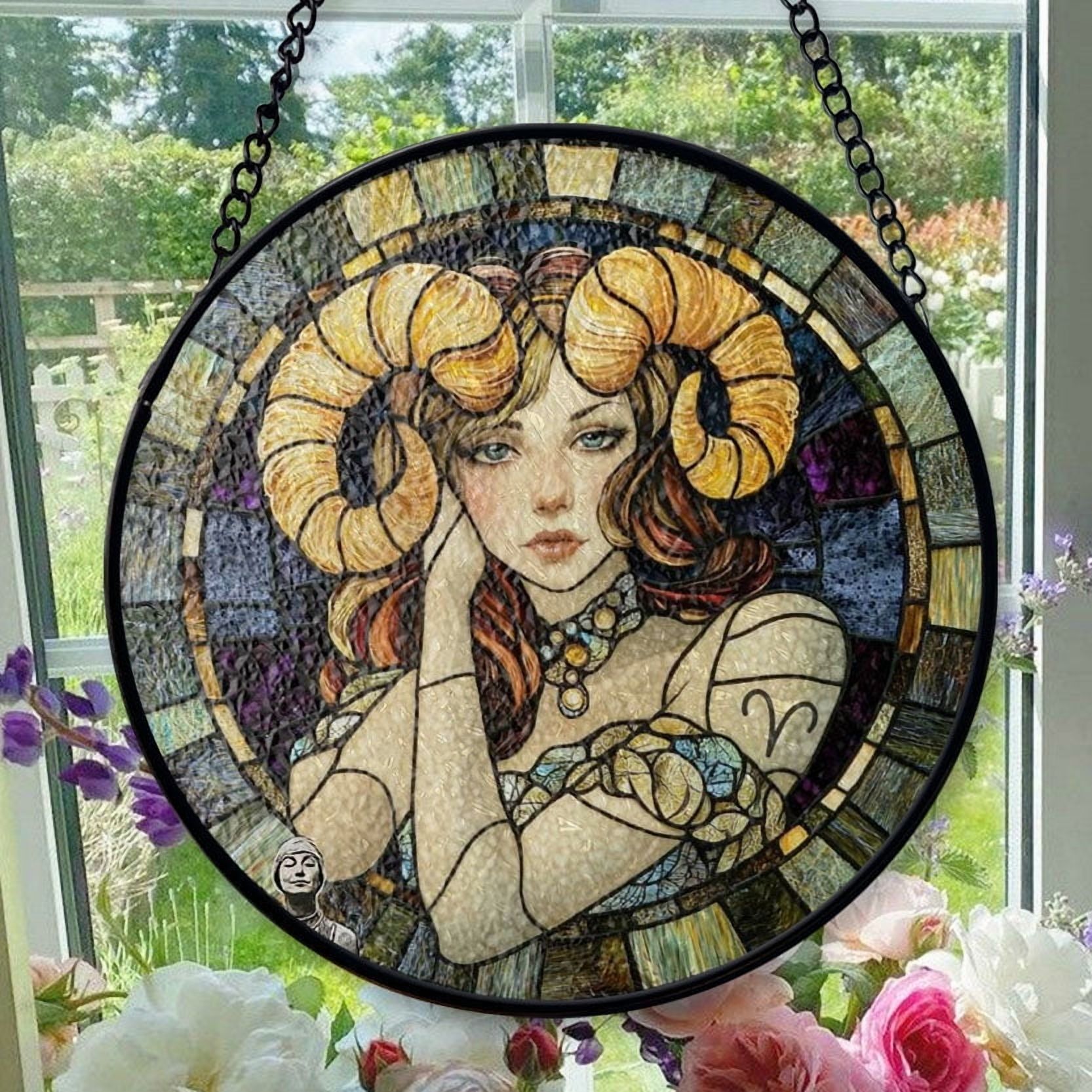 Stained Glass Window Hanging Aries Zodiac Light - Stained Glass Window ...