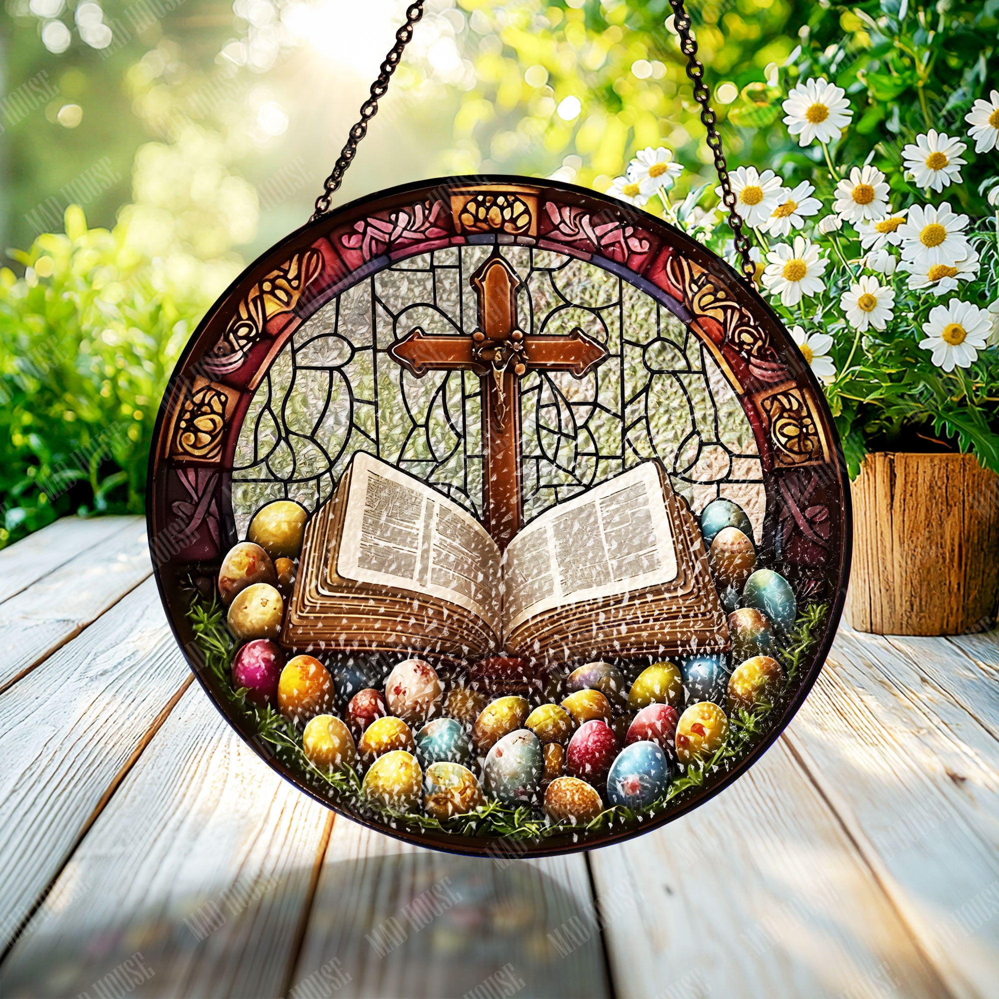 Stained Glass Window Hanging Art, Bible with Cross and Easter Eggs ...