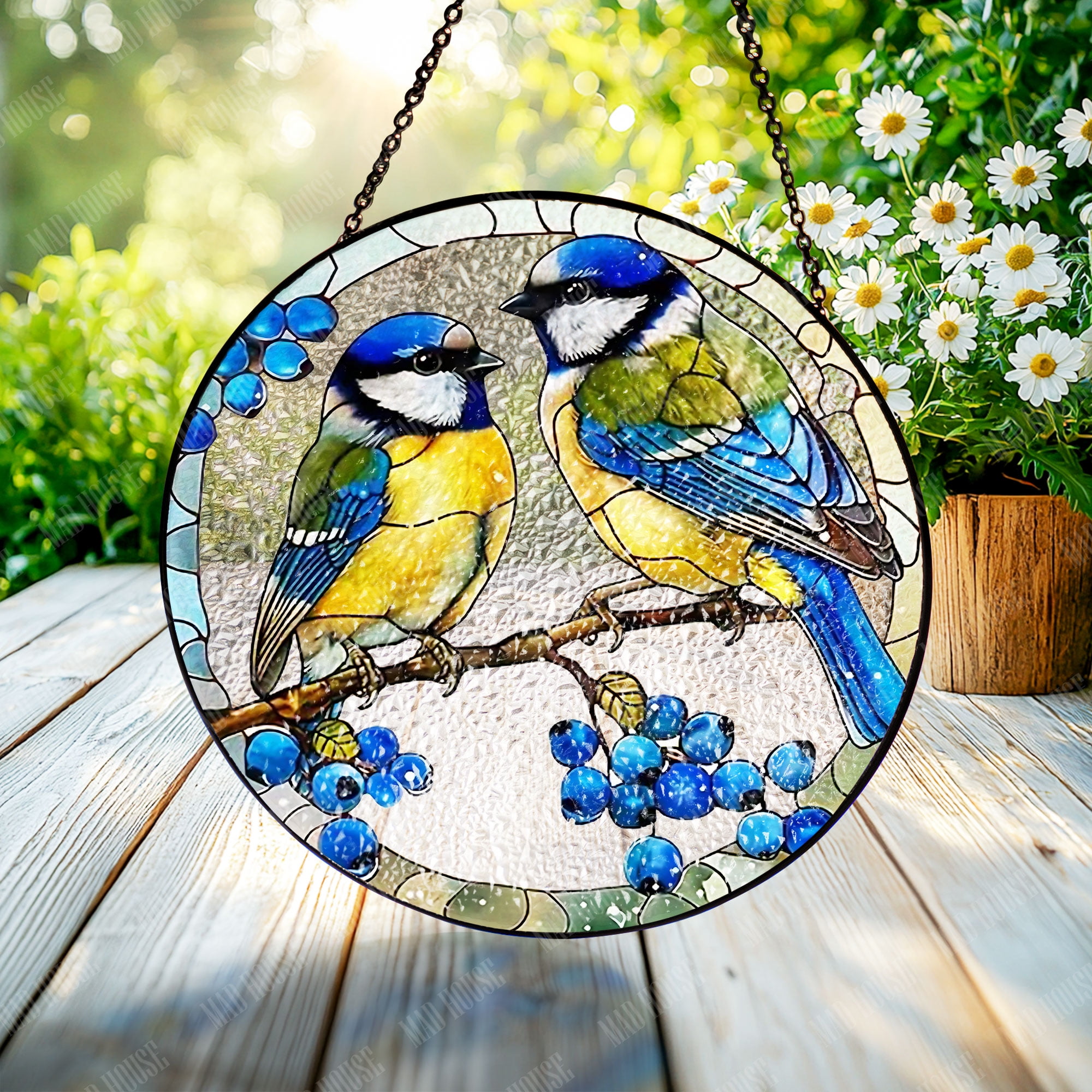 Stained Glass Window Hanging Art, Bluebirds on Berry Branch Acrylic 2D ...