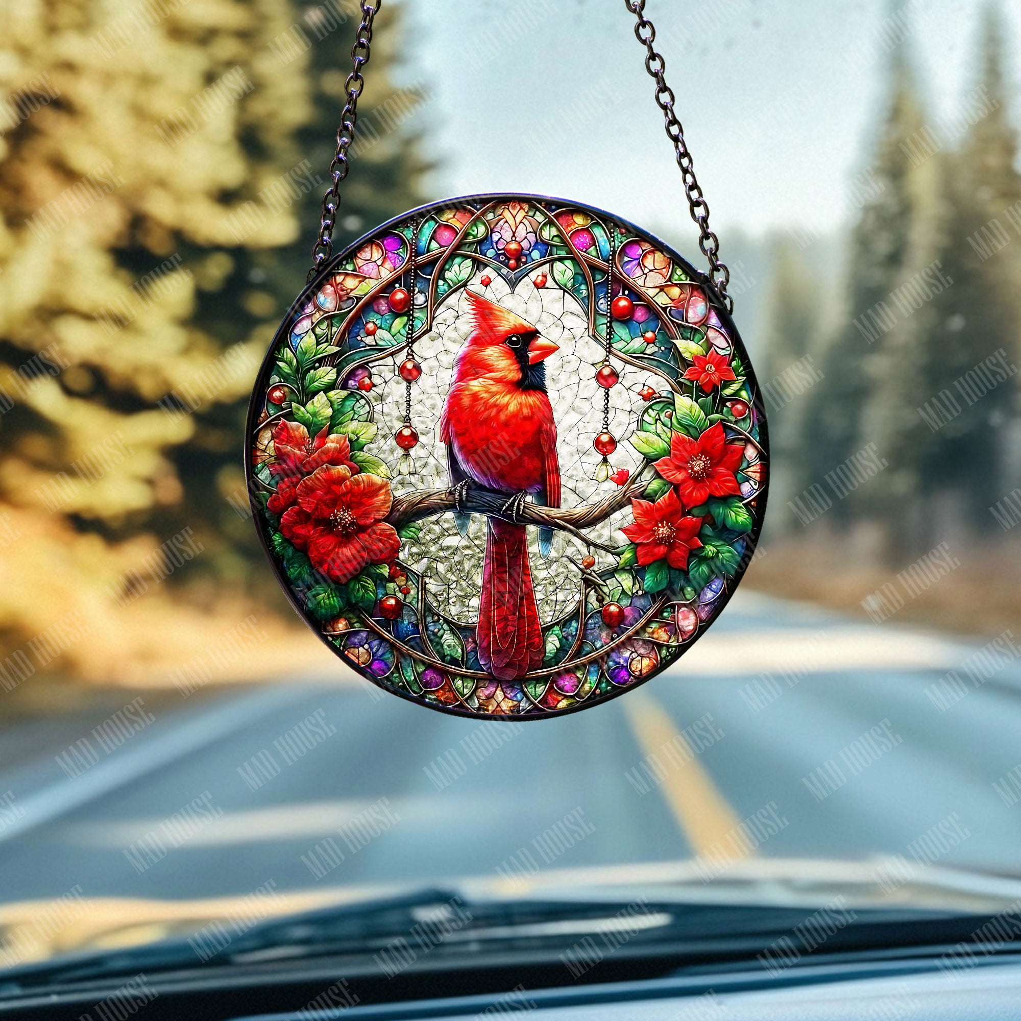 Stained Glass Window Hanging Art, Vibrant Cardinal Bird with Floral ...