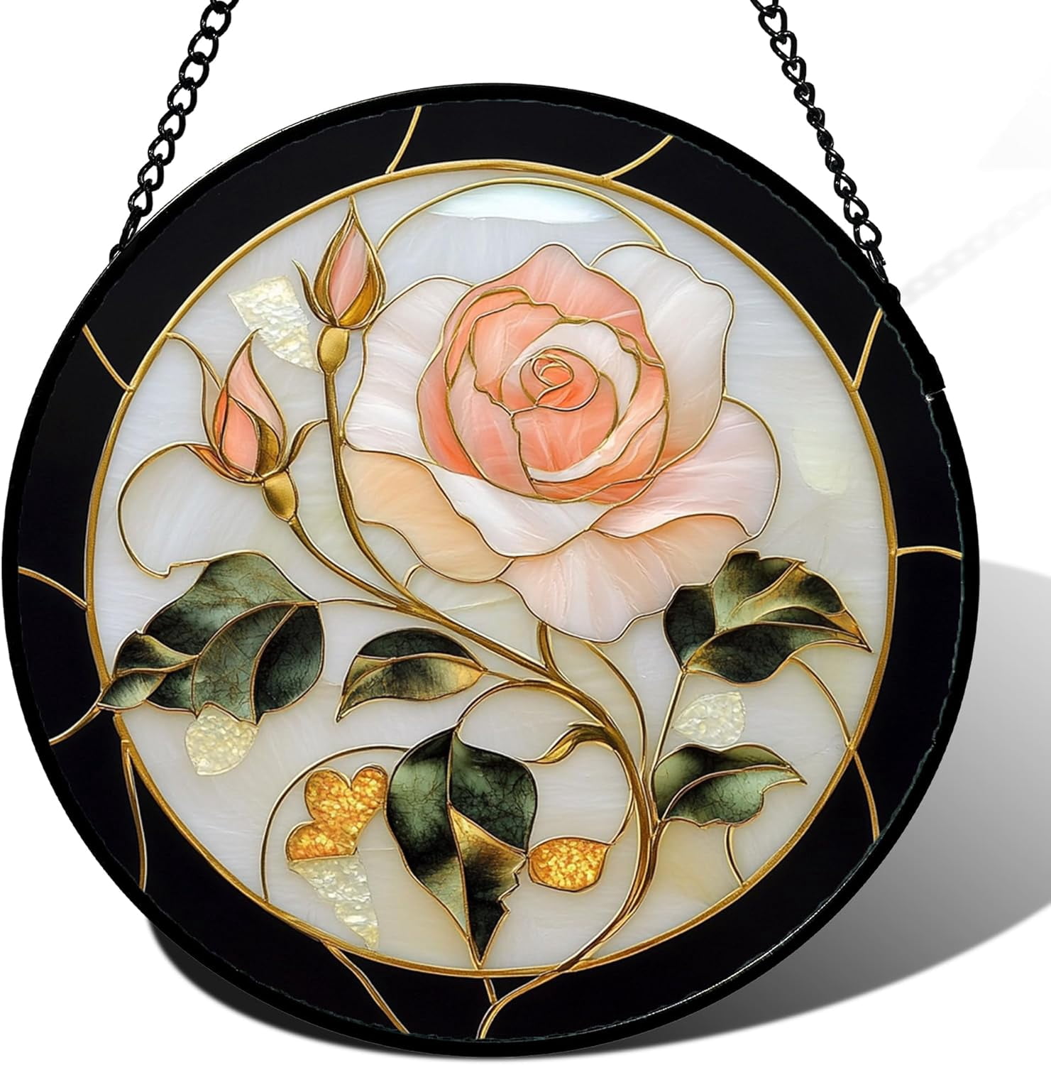 Stained Glass Window Hanging - Black White Pink Rose Sun Catcher for ...