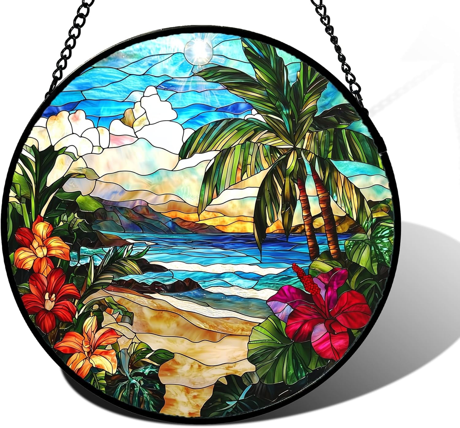 Stained Glass Window Hanging, Blue Beach Scenery Suncatcher Diamond ...