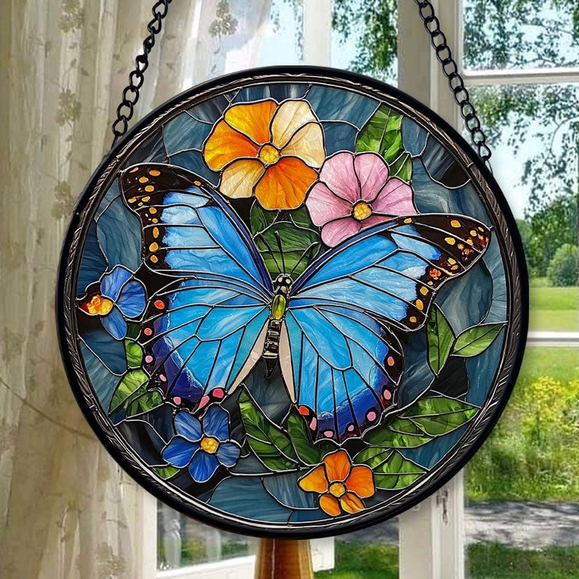 Stained Glass Window Hanging, Blue Butterfly Flower Suncatcher for ...