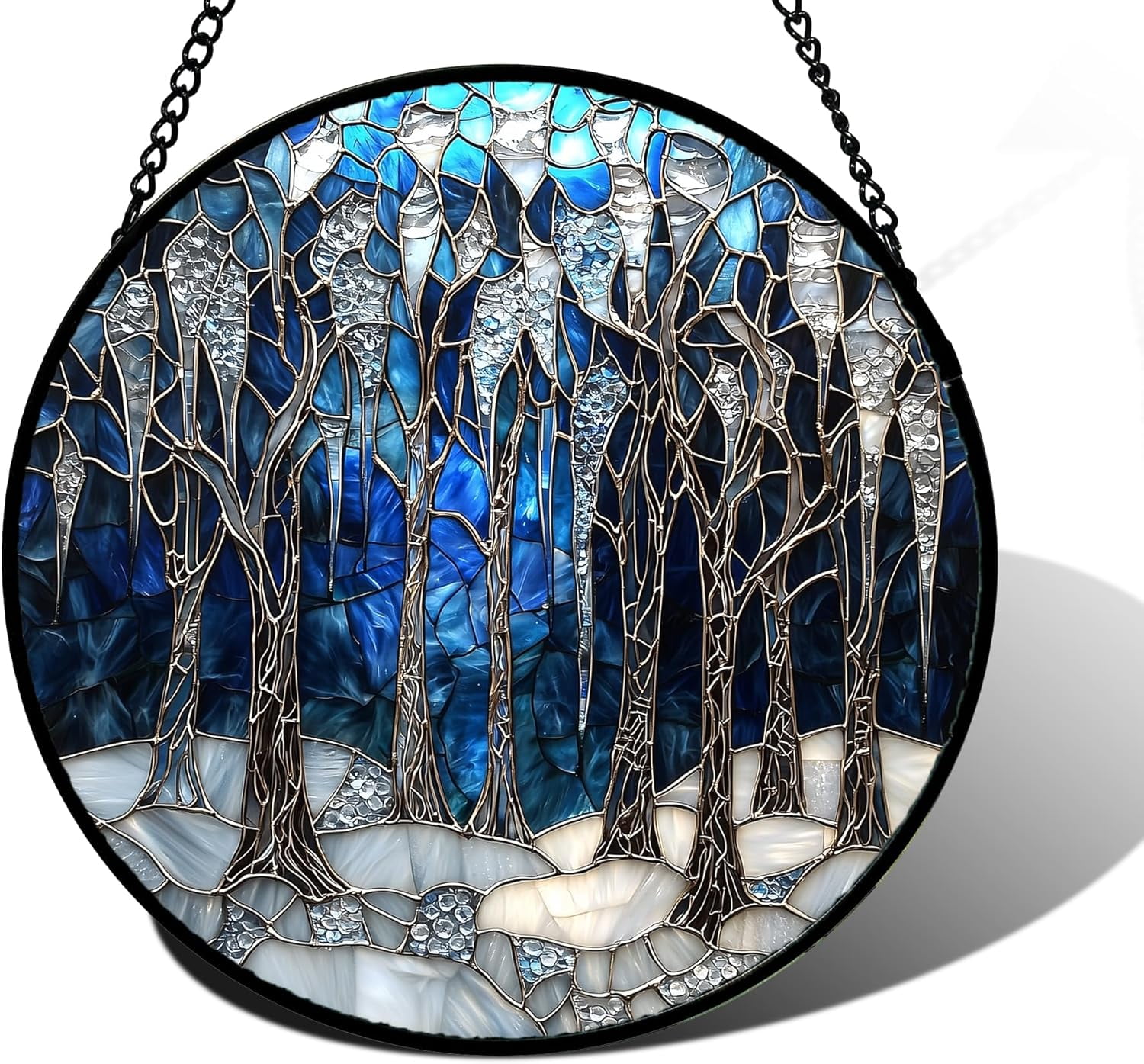 Stained Glass Window Hanging, Blue Forest Abstract Landscape Sun ...