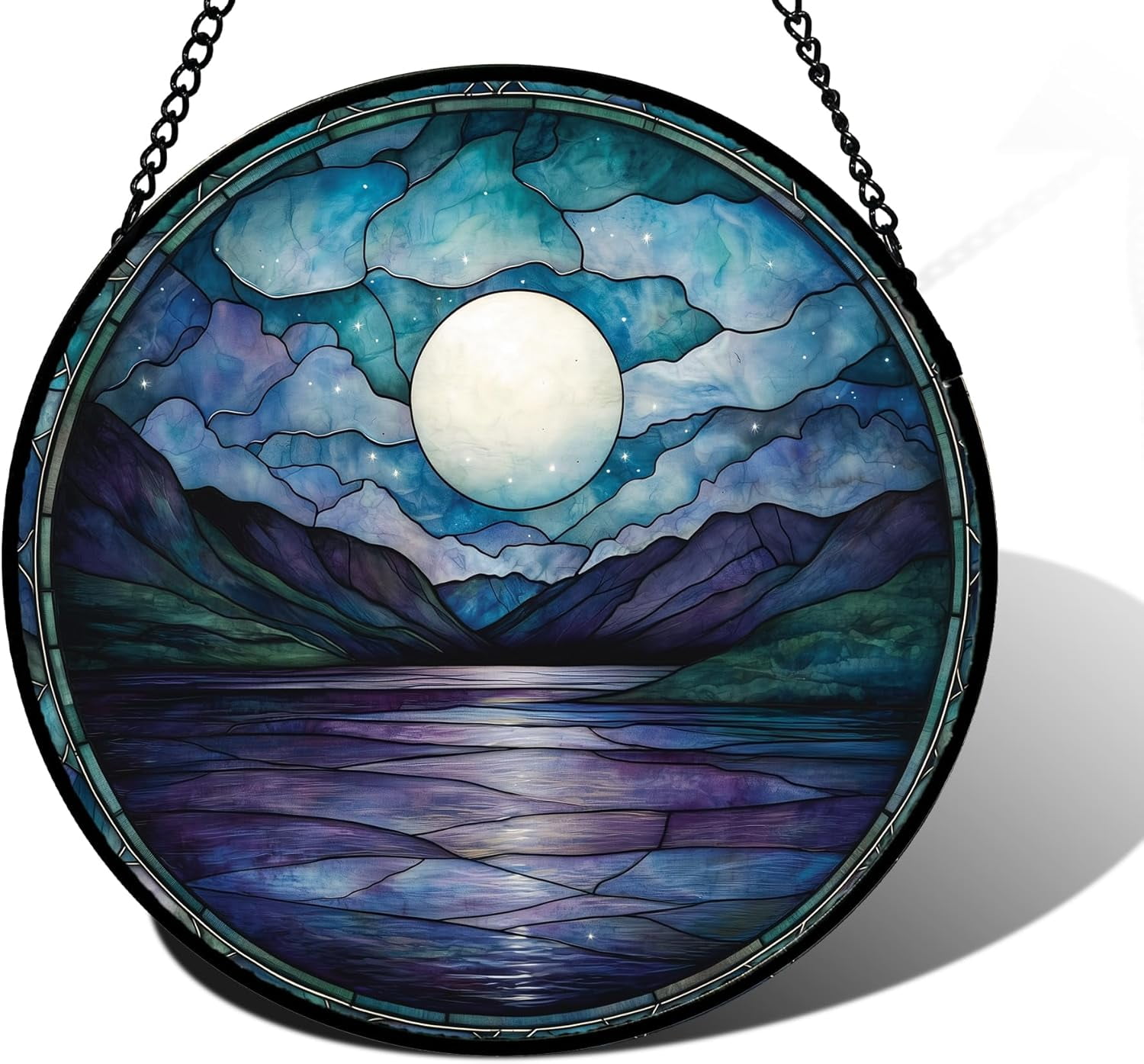 Stained Glass Window Hanging, Blue Night Moon Lake Sun Catchers ...
