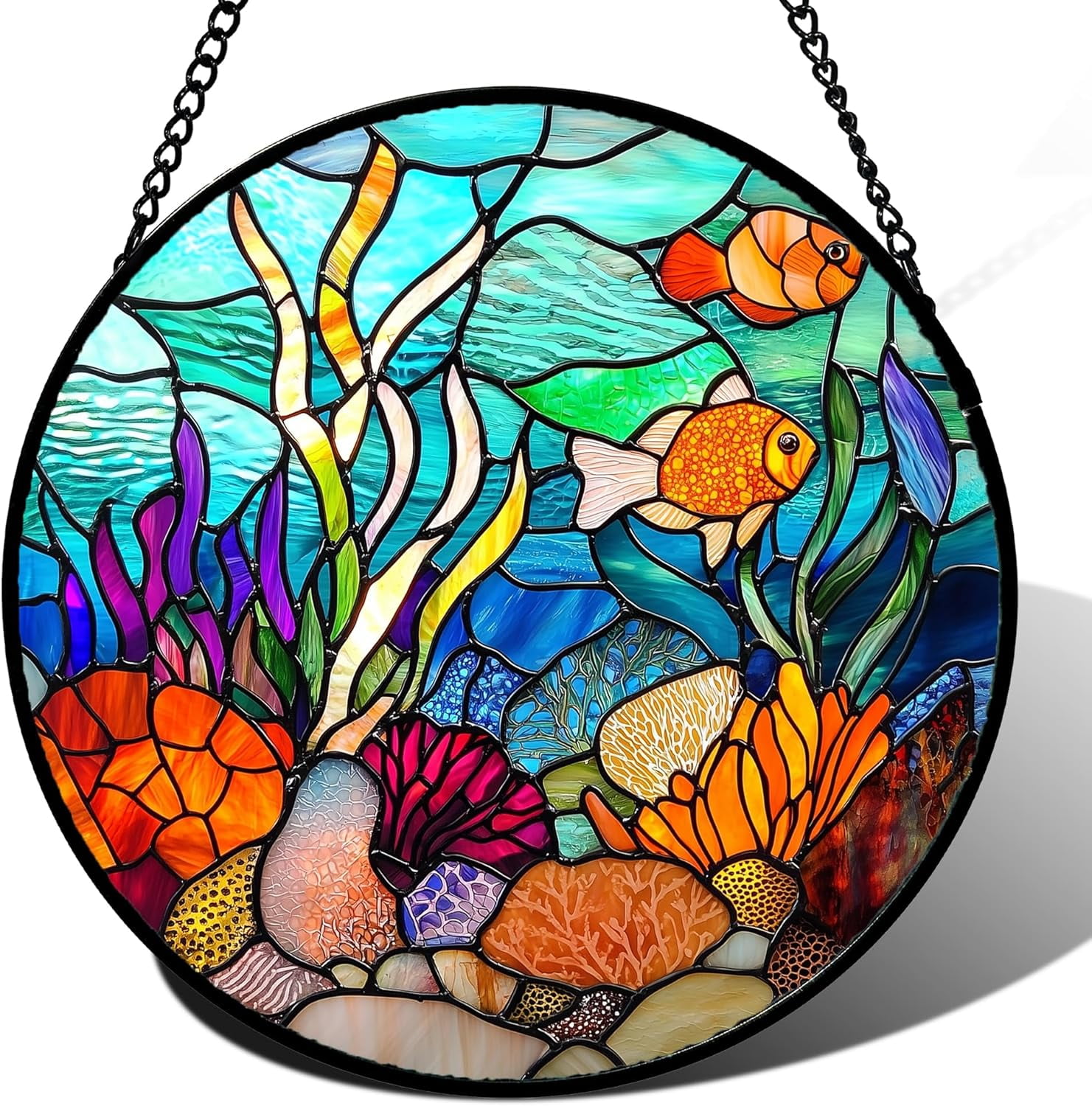 Stained Glass Window Hanging,Blue Ocean Colorful Underwater World Fish ...