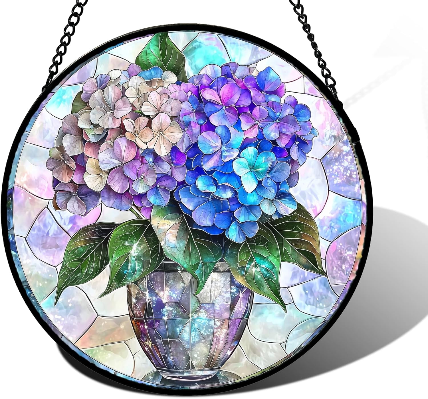 Stained Glass Window Hanging, Blue Purple Hydrangea Flowerpot ...