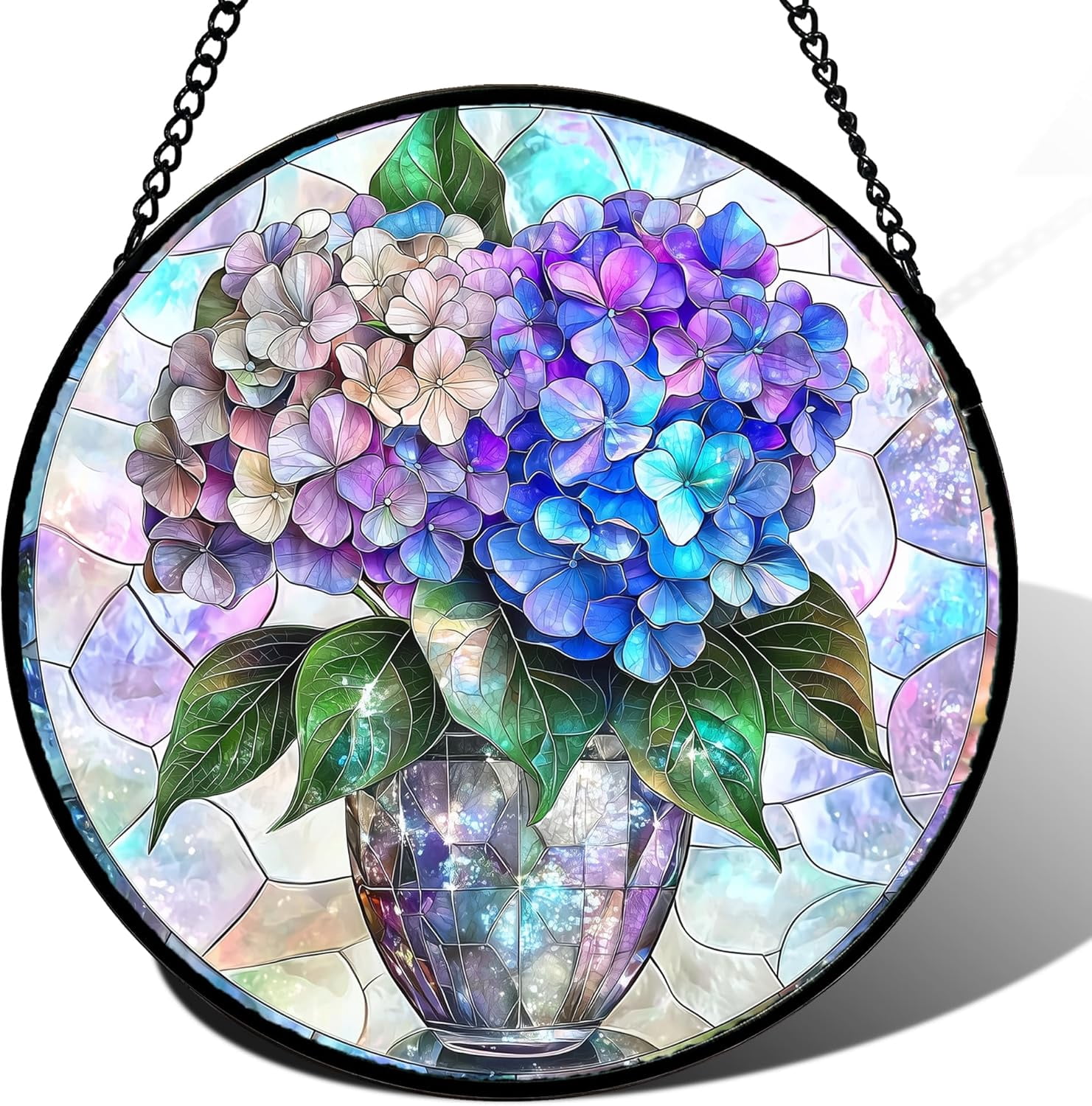 Stained Glass Window Hanging, Blue Purple Hydrangea Flowerpot ...