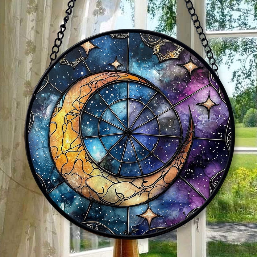 Stained Glass Window Hanging, Blue Starry Sky Moon Astrolabe Suncatcher ...