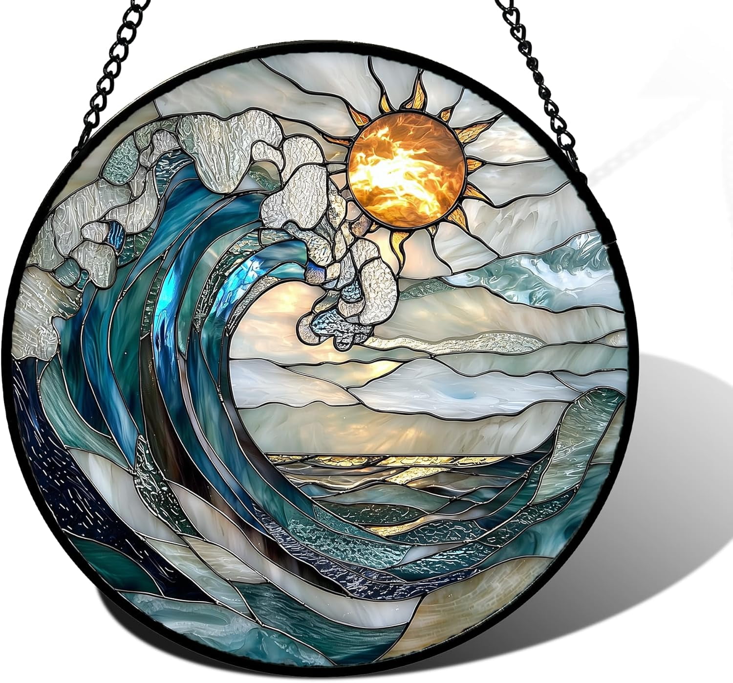 Stained Glass Window Hanging, Blue and White Waves Suncatcher Diamond ...