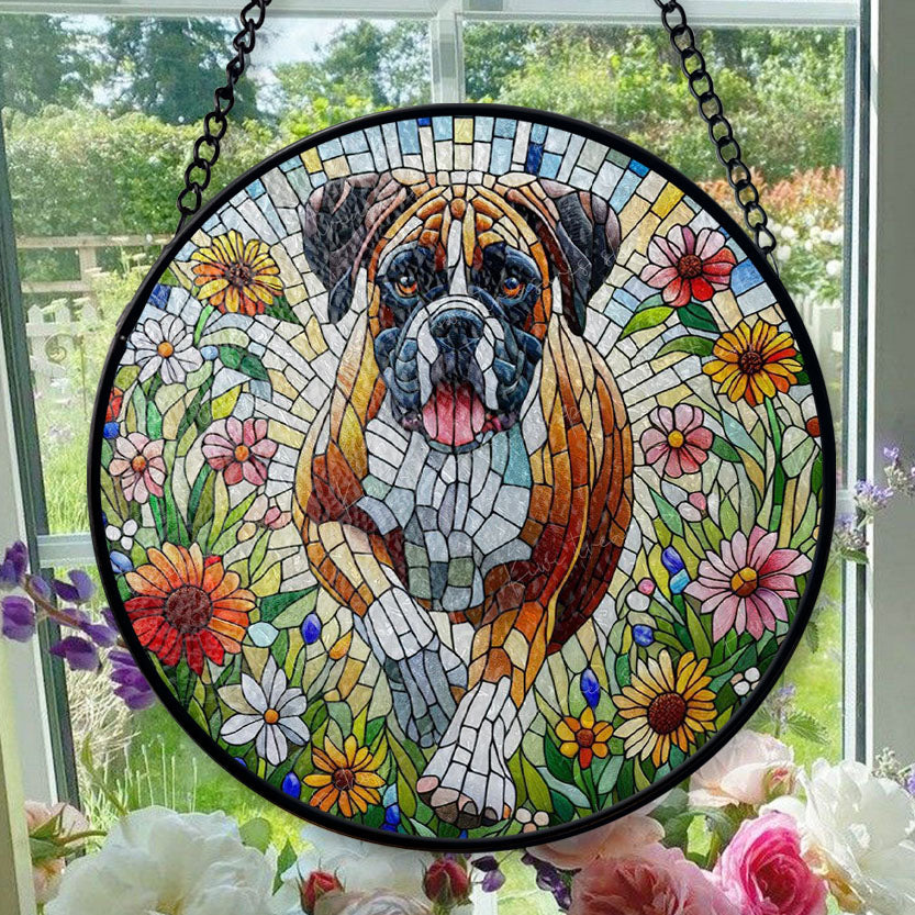 Stained Glass Window Hanging Boxer Wildflowers - Stained Glass Window ...