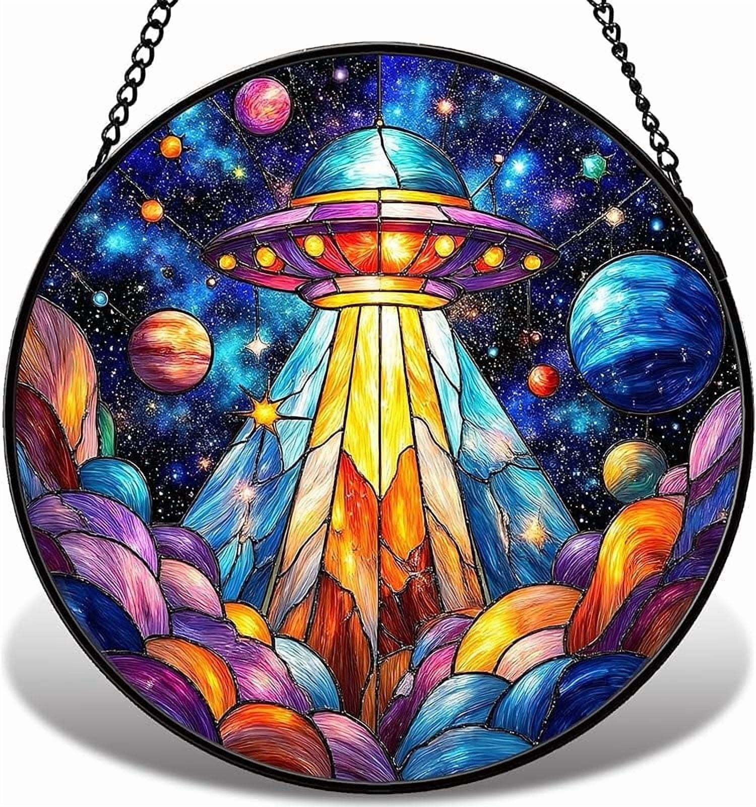 Stained Glass Window Hanging, Celestial Sun Catcher with Moon and Star ...