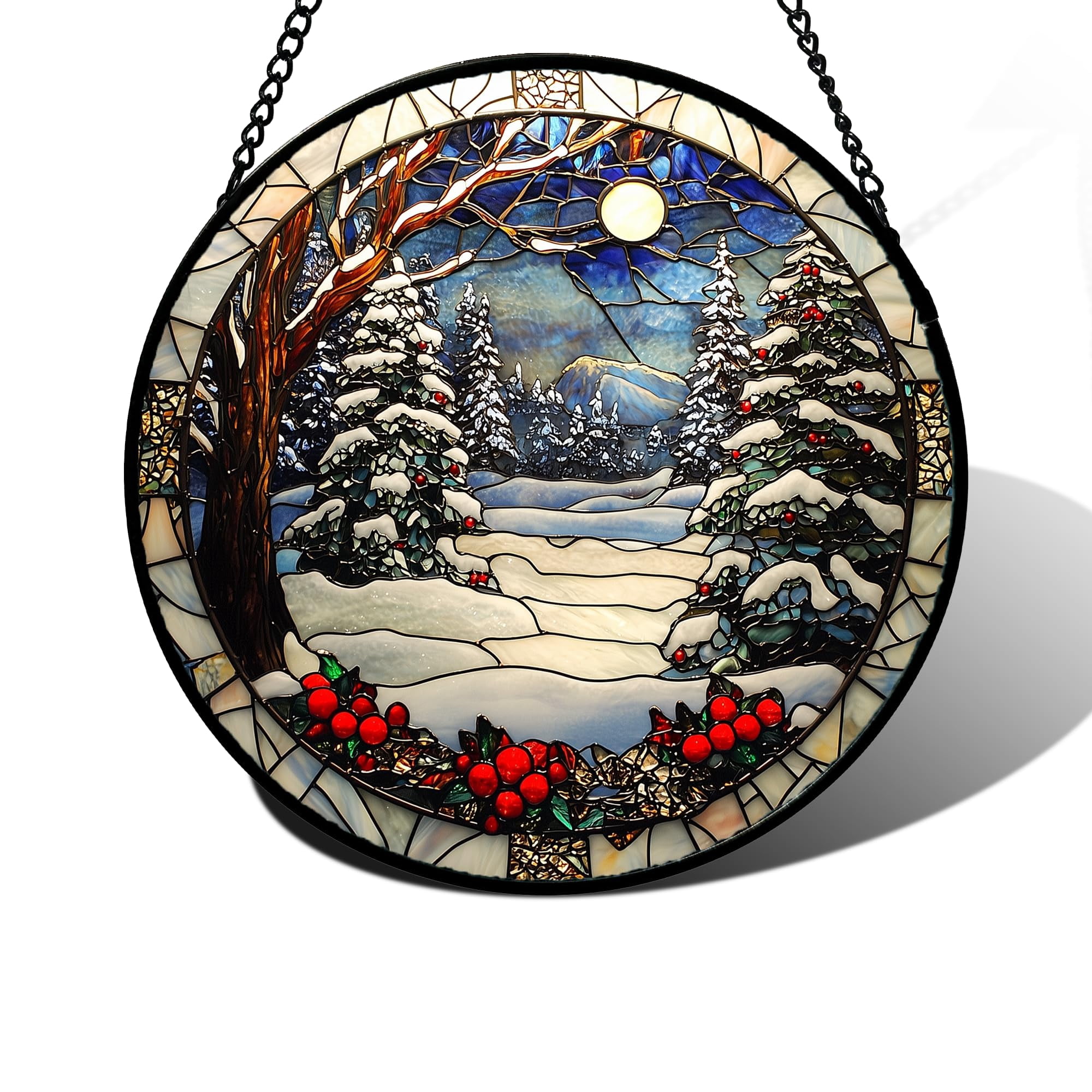 Stained Glass Window Hanging Christmas Tree Winter Snow Night Scenery ...