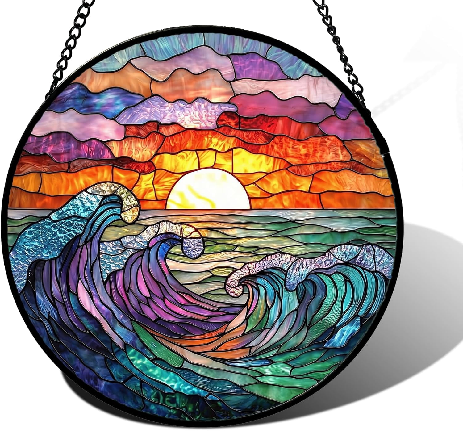 Stained Glass Window Hanging, Clouds and Sea Waves Suncatcher Diamond ...