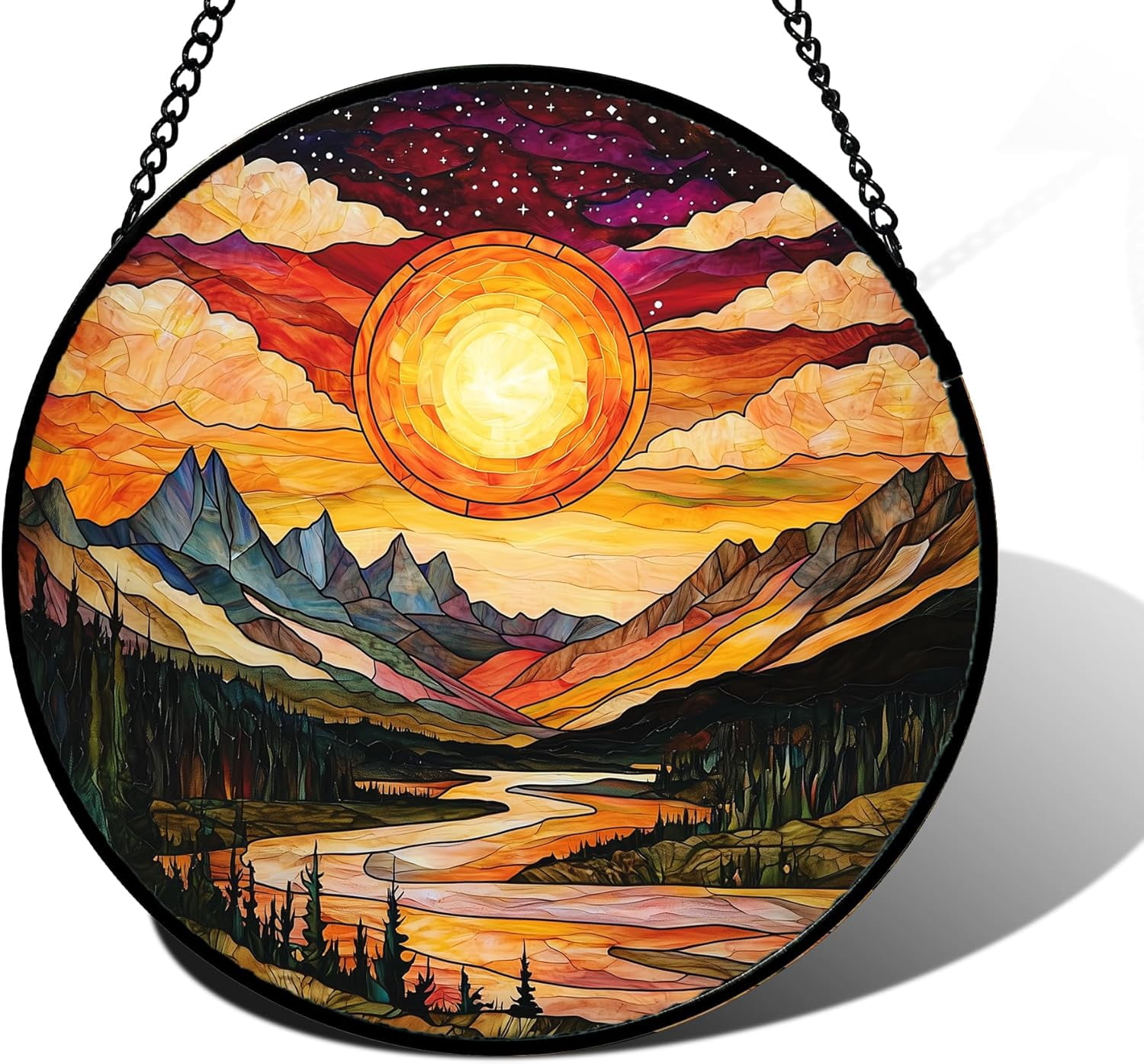 Stained Glass Window Hanging, Dusk Sunset Landscape Sun Catchers Glass ...