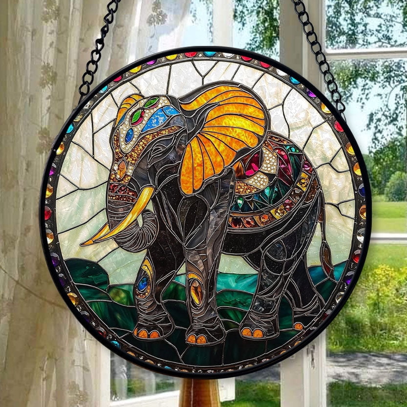 Stained Glass Window Hanging, Elephant Gem Suncatcher for Doors Home ...