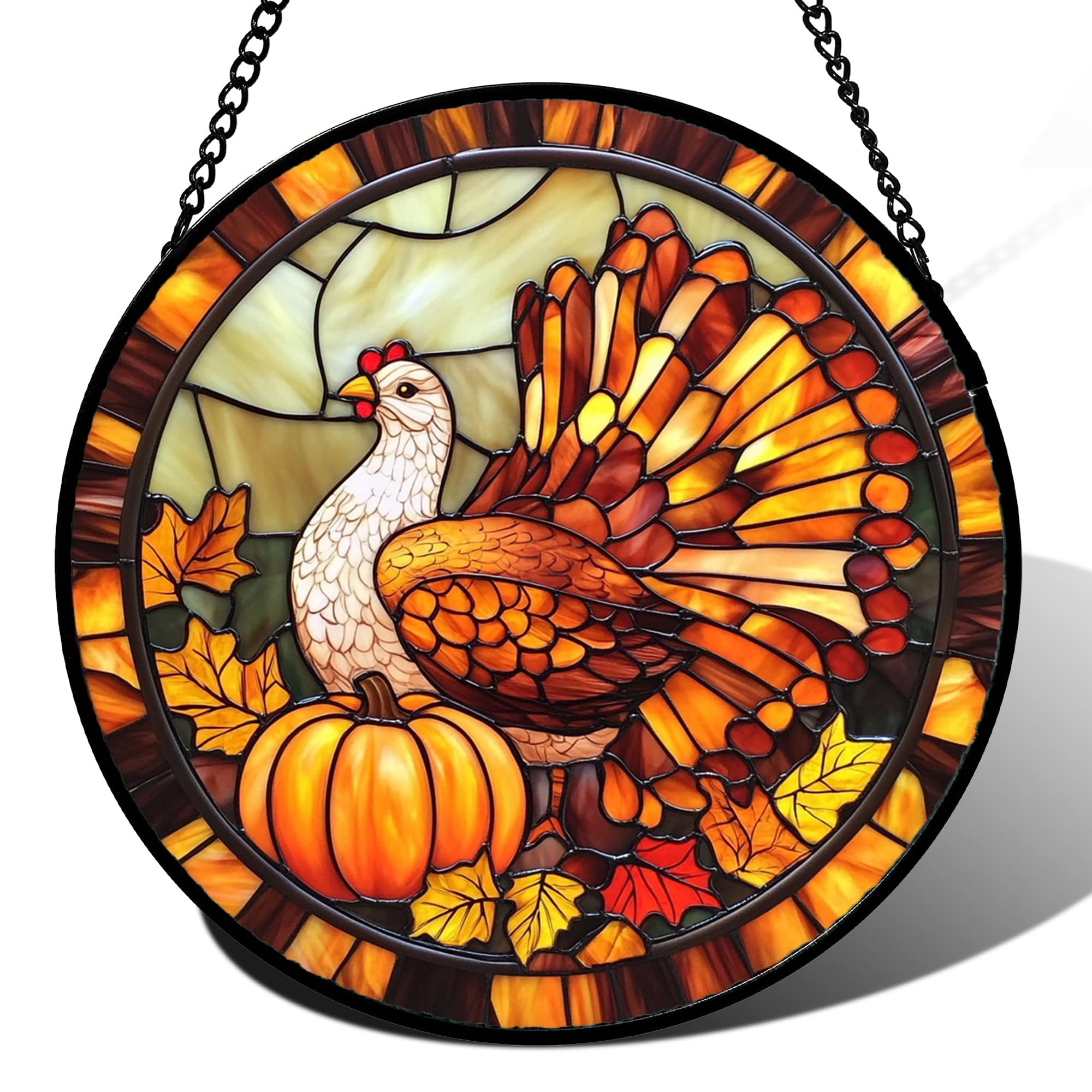 Stained Glass Window Hanging Fall Farm Turkey Pumpkin Maple Leaves ...