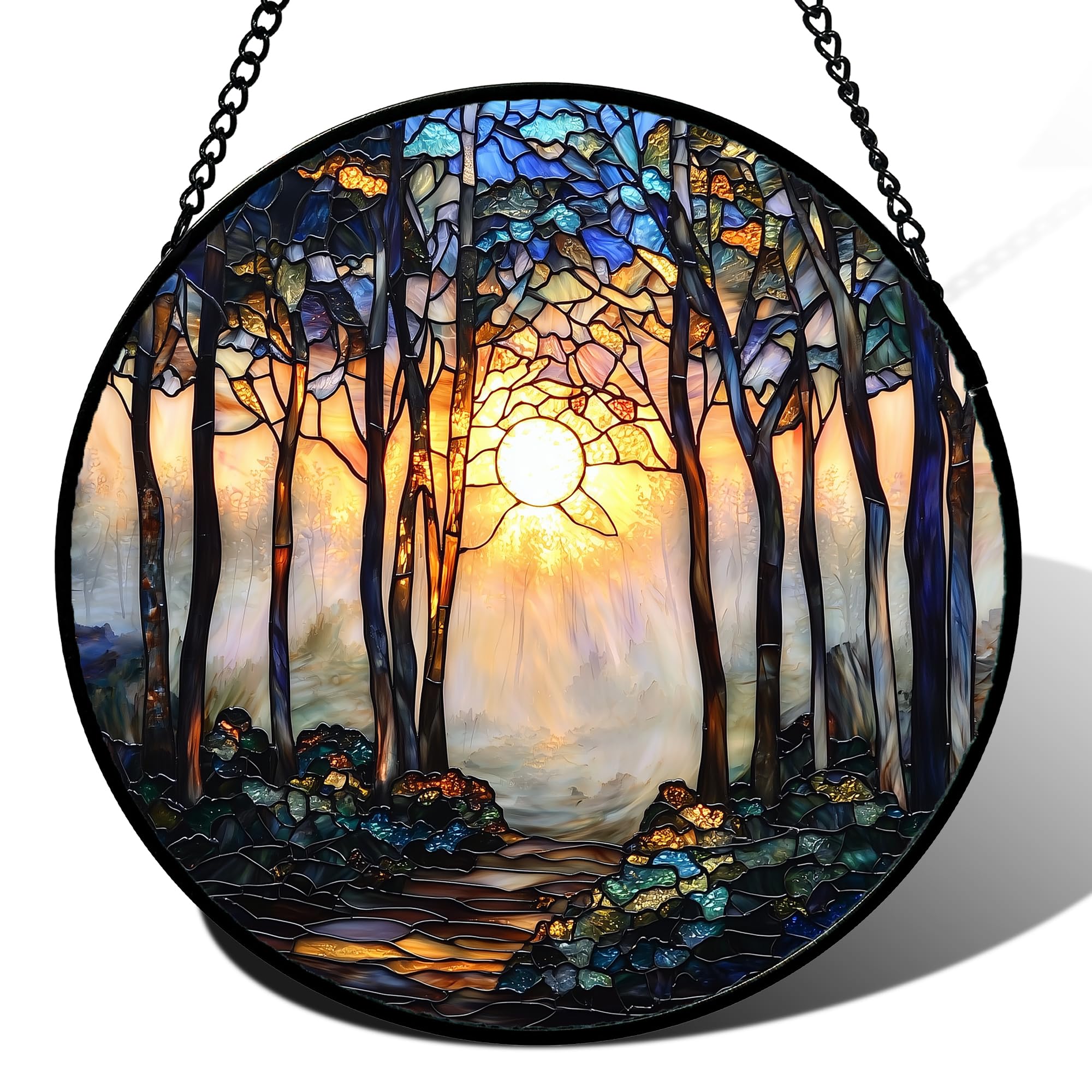 Stained Glass Window Hanging, Forest Sunrise Smoke Blue Brown Tree ...