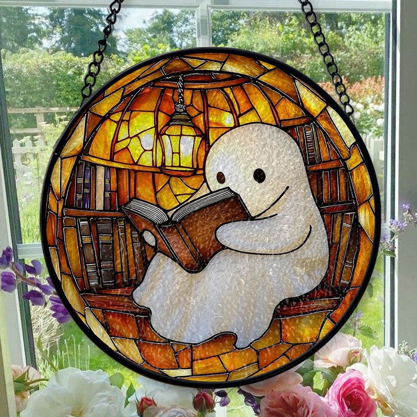 Stained Glass Window Hanging Ghost Reading In - Stained Glass Window ...