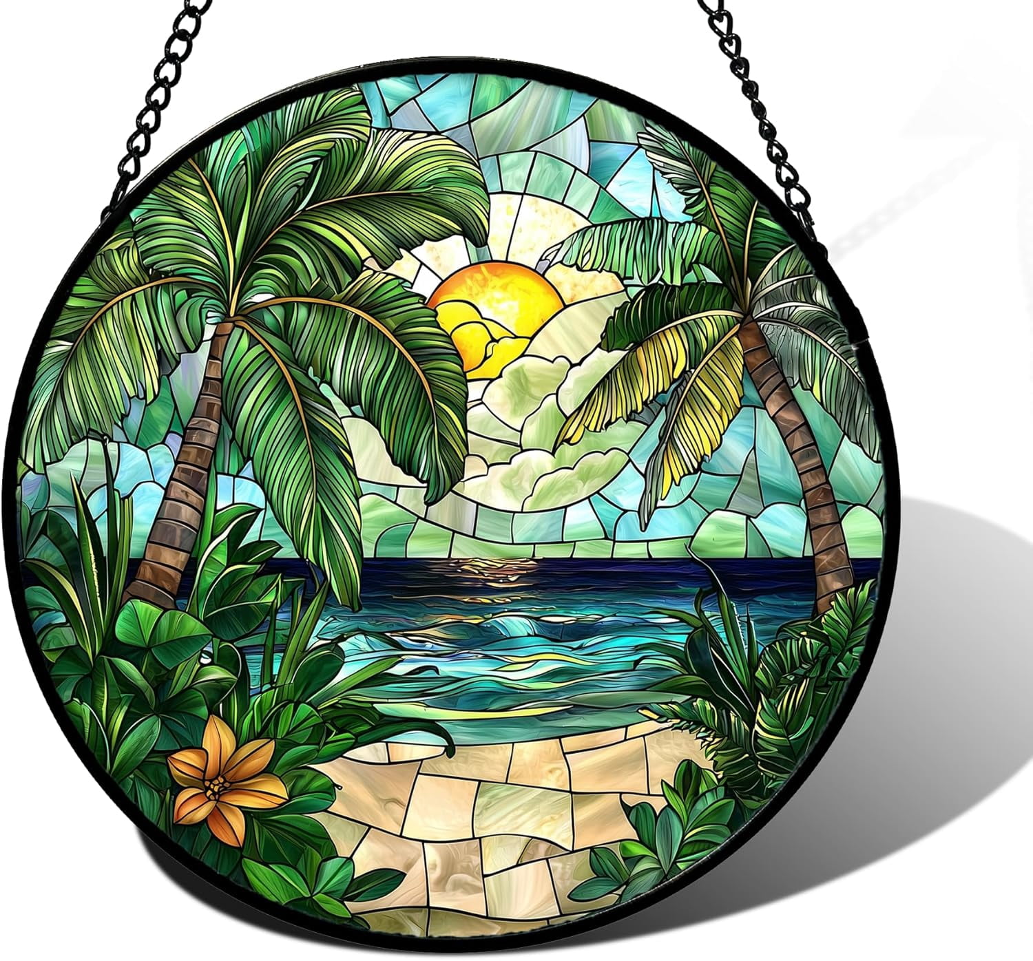 Stained Glass Window Hanging, Green Beach Scenery Suncatcher Diamond ...