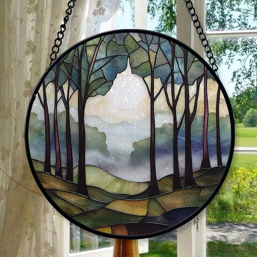 Stained Glass Window Hanging, Green Brown Smoke Forest Moon Suncatcher ...