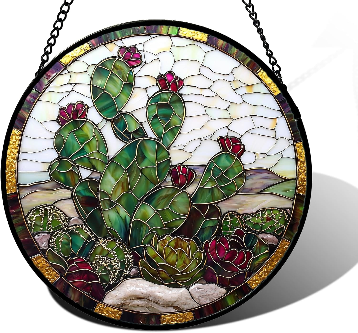 Stained Glass Window Hanging,Green Cactus Purple Flowers Suncatcher ...