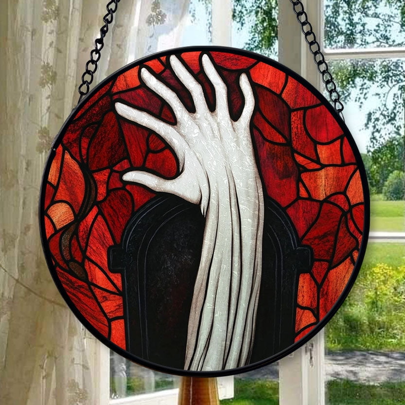 Stained Glass Window Hanging - Halloween Decoration Scary Ghost Hand ...