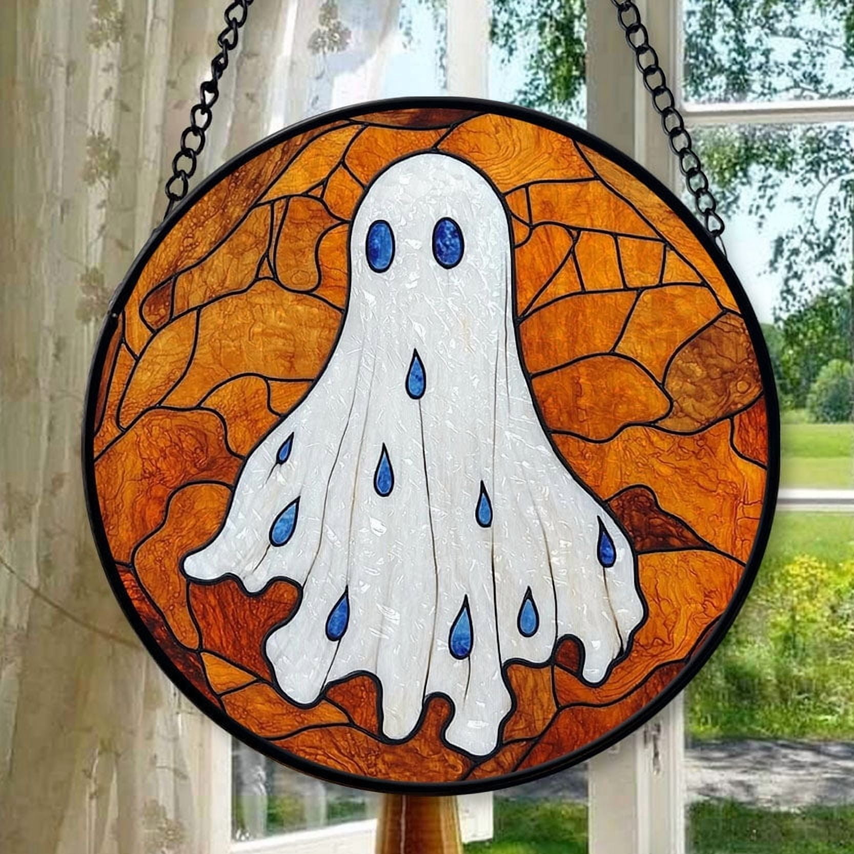 Stained Glass Window Hanging - Halloween Decoration White Ghost Blue ...