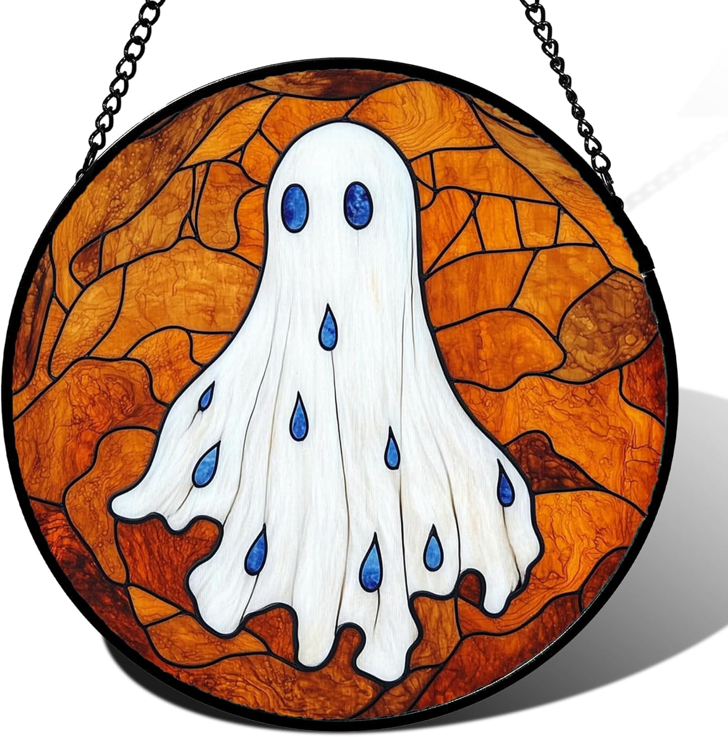 Stained Glass Window Hanging - Halloween Decoration White Ghost Blue ...