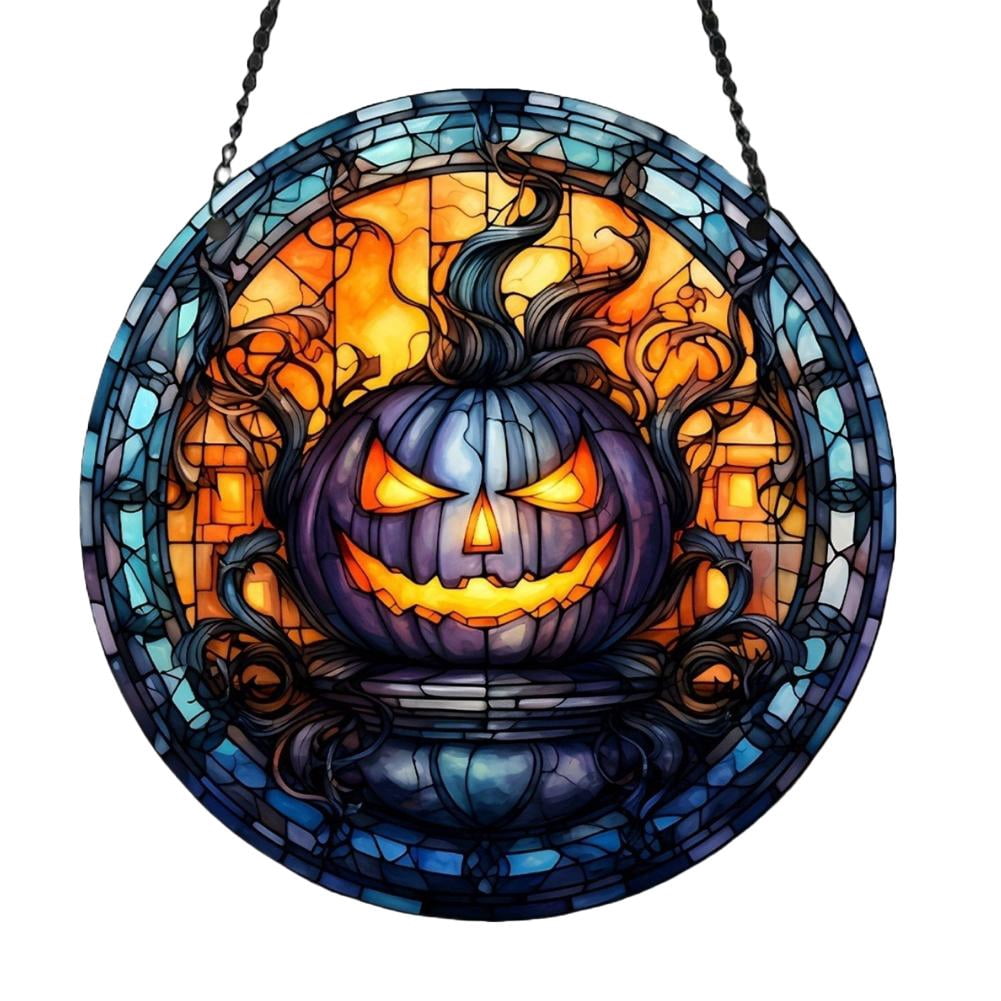 Stained Glass Window Hanging-Halloween Evil Pumpkin Orange Suncatcher ...