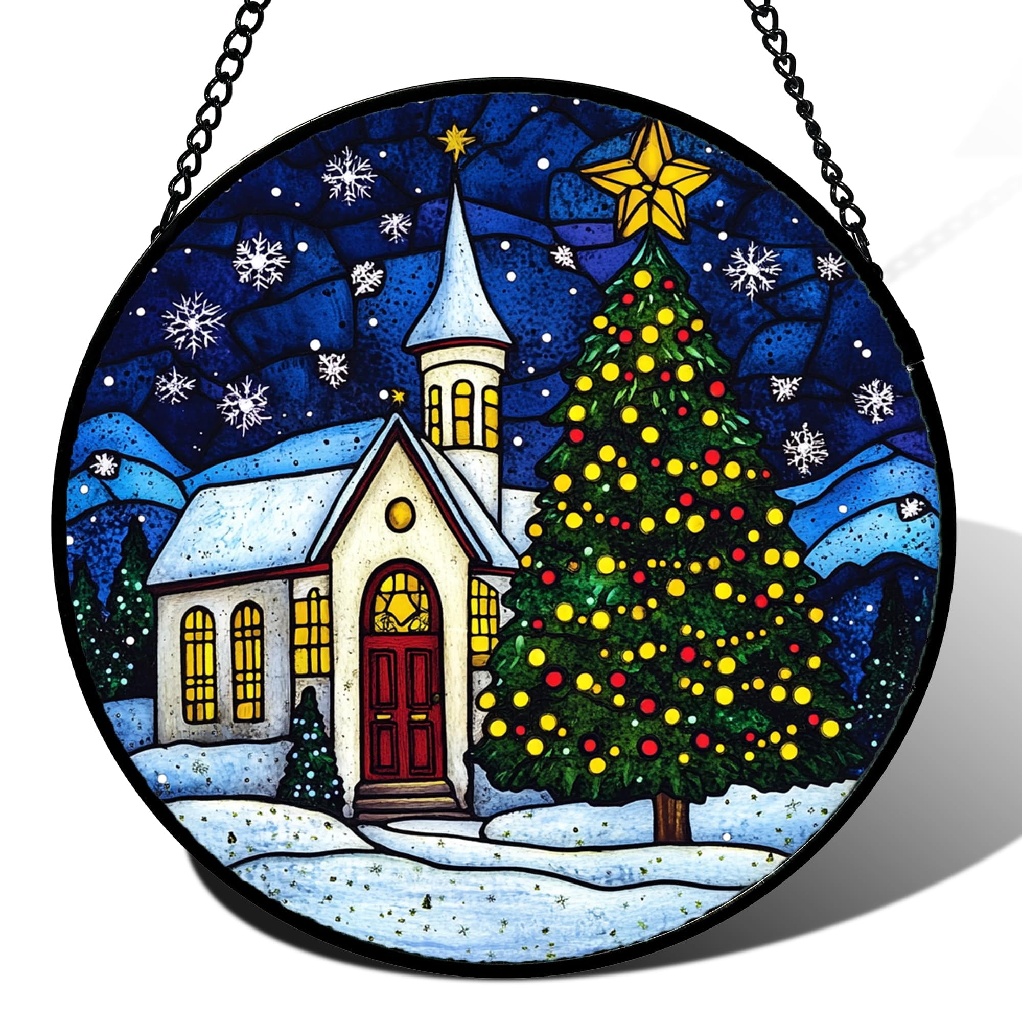 Stained Glass Window Hanging Little White Church in The Snow at ...