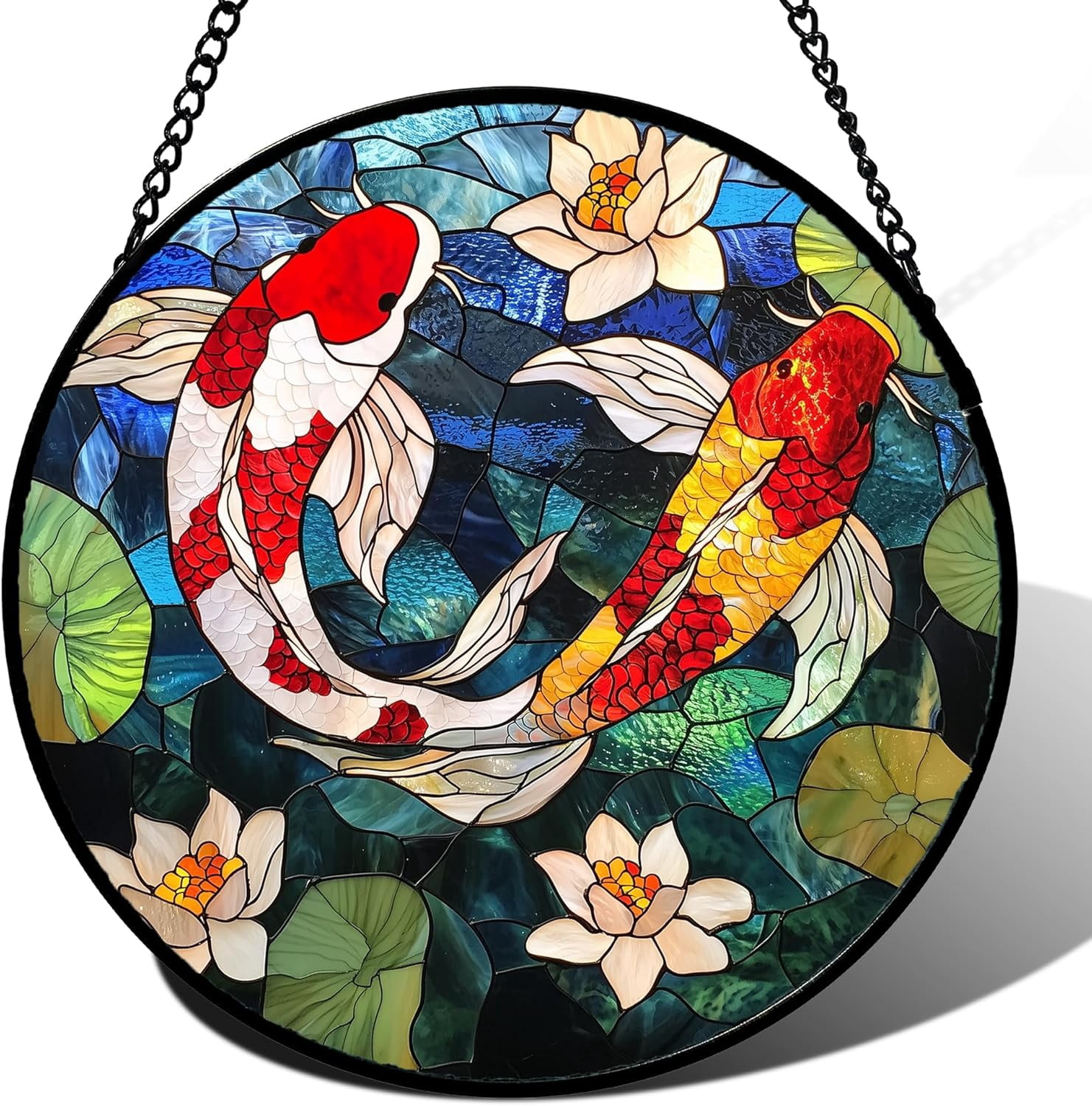 Stained Glass Window Hanging, Lotus Pond Carp Suncatcher for Doors ...