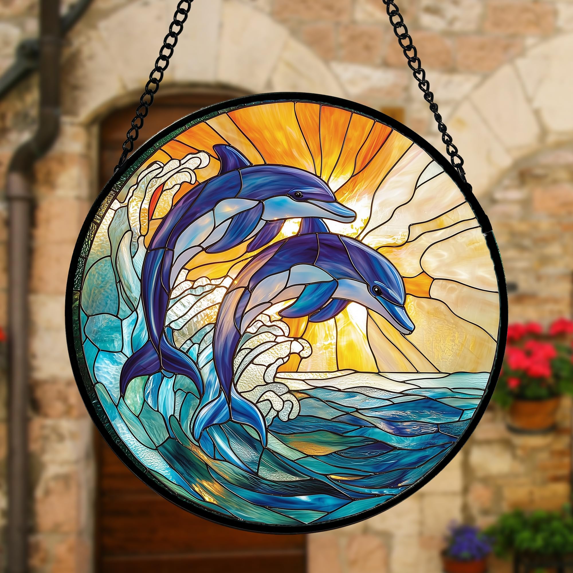 Stained Glass Window Hanging, Ocean Dolphin Sun Catchers Colorful Glass ...