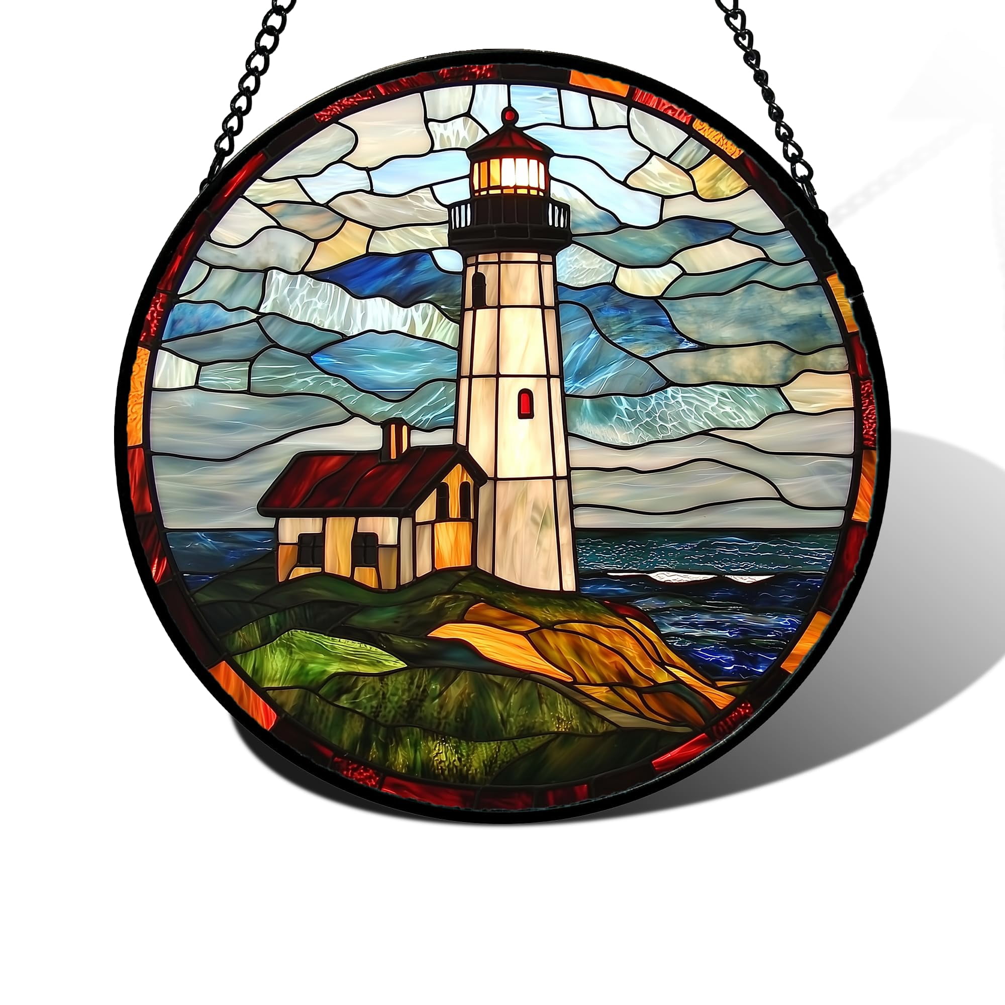 Stained Glass Window Hanging, Ocean Lighthouse Sun Catchers Glass Panel ...