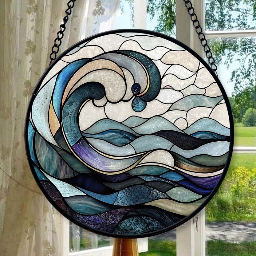Stained Glass Window Hanging, Ocean Waves Sun Catchers Diamond Glass ...