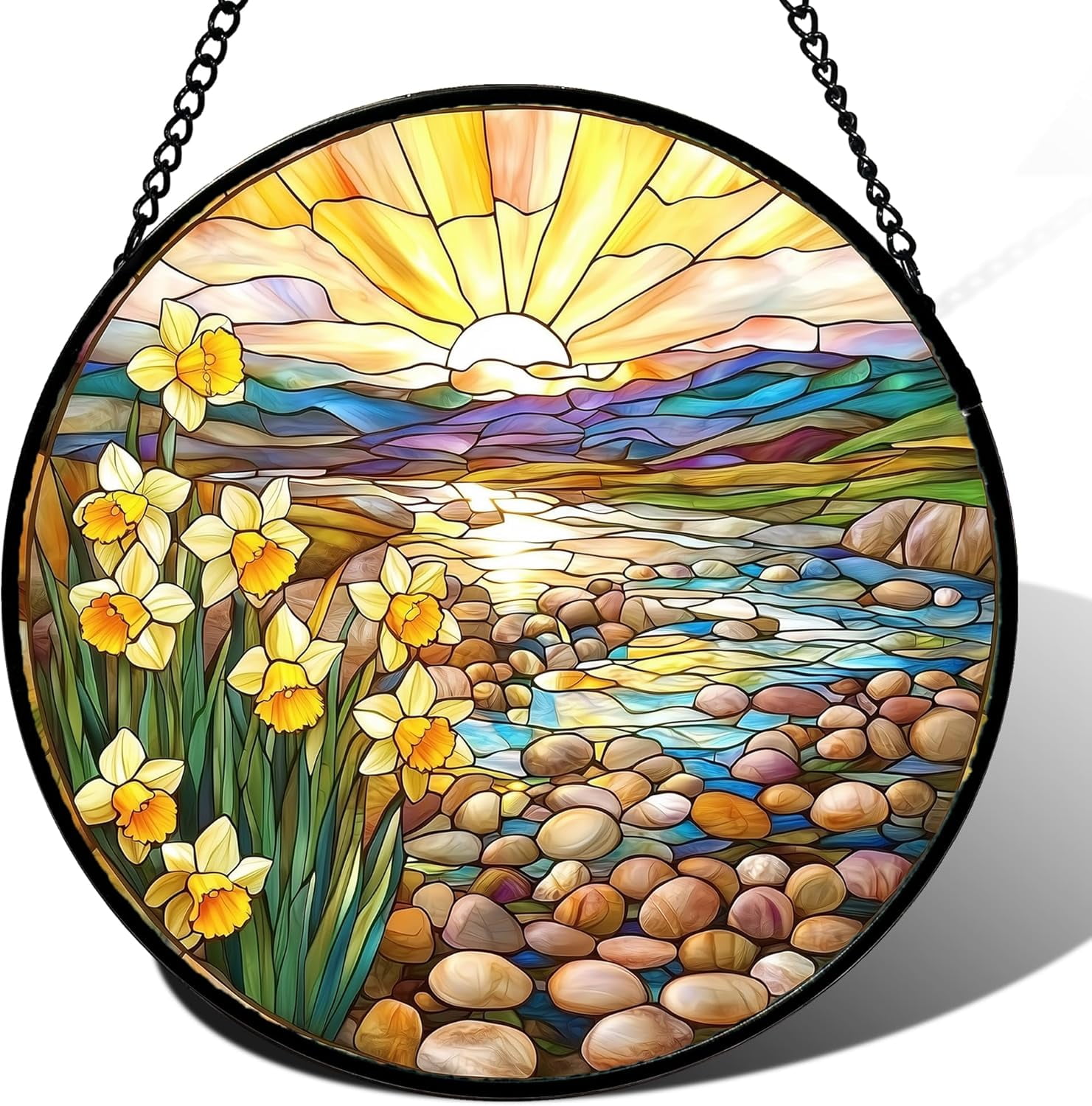 Stained Glass Window Hanging, Pebbles on The Lake Suncatcher Diamond ...