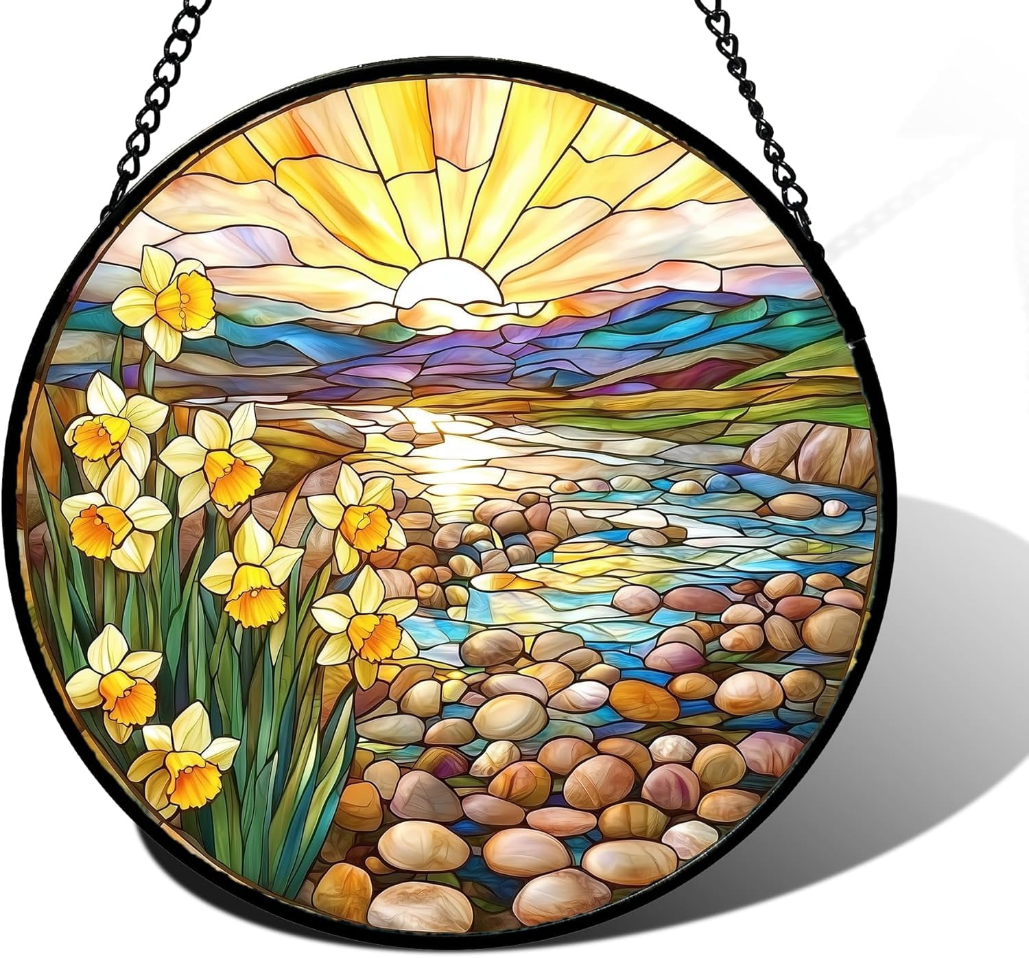 Stained Glass Window Hanging, Pebbles on The Lake Suncatcher Diamond ...