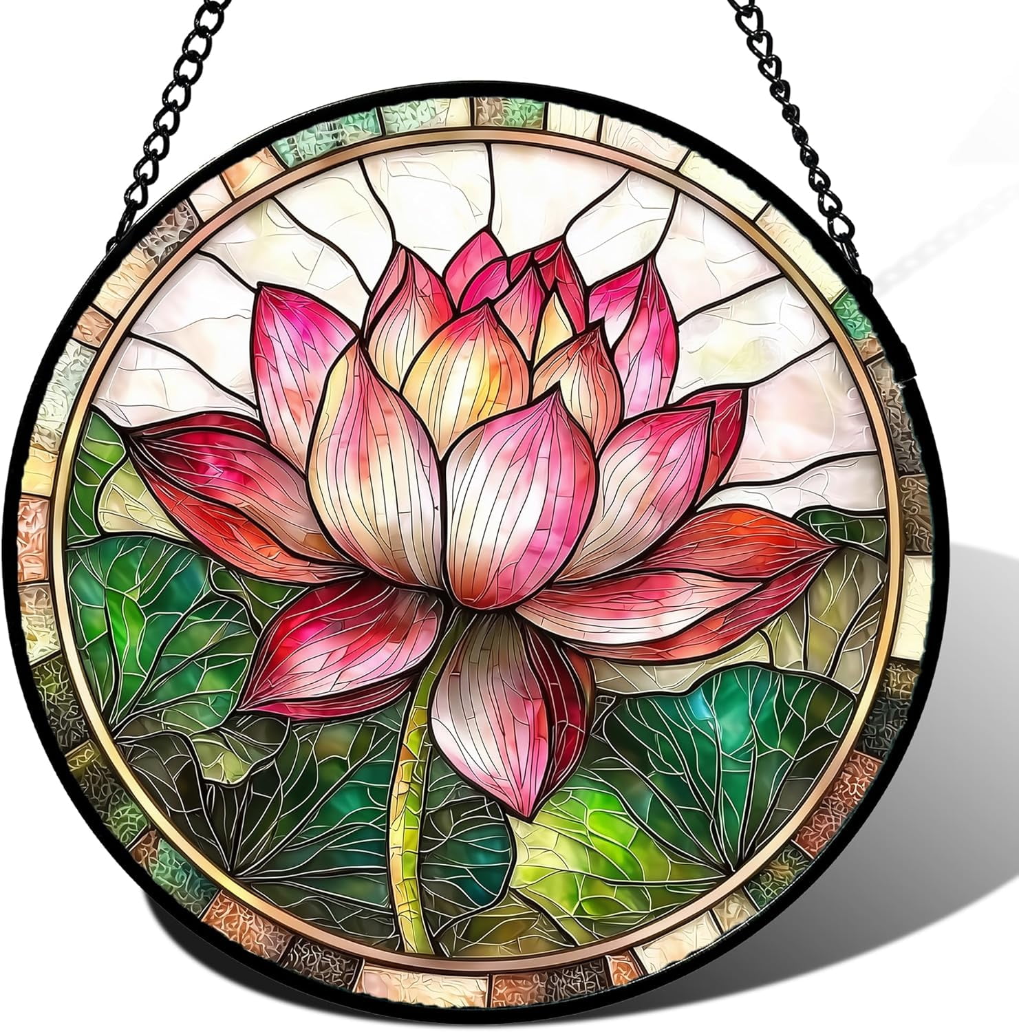 Stained Glass Window Hanging - Red Lotus Green Leaf Suncatcher for ...